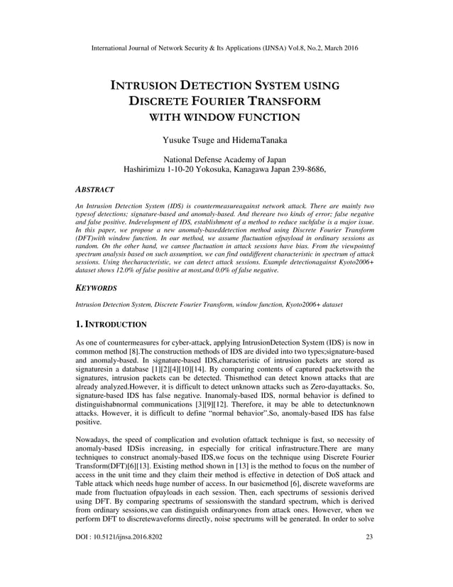 INTRUSION DETECTION SYSTEM USING DISCRETE FOURIER TRANSFORM WITH WINDOW FUNCTION | PDF