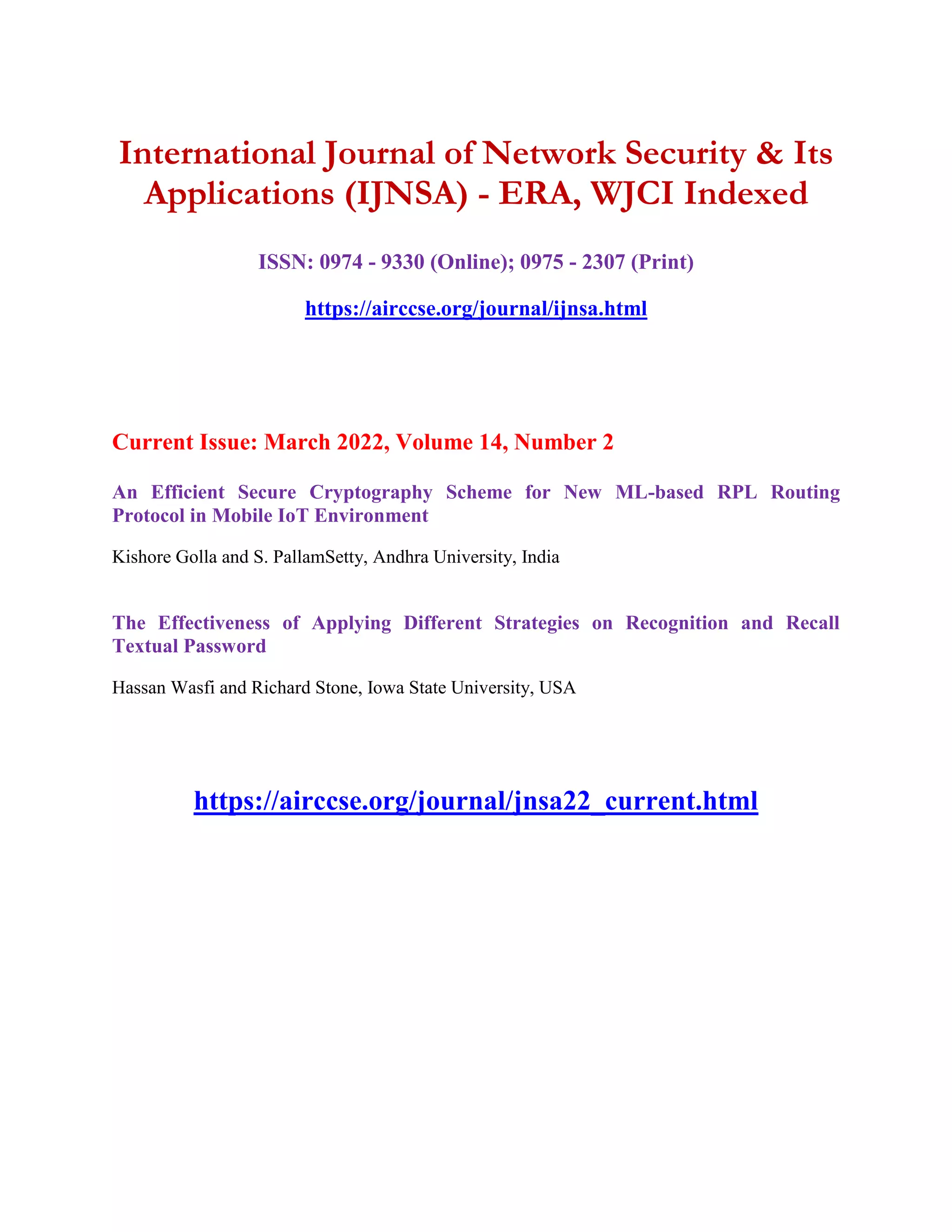 International Journal of Network Security & Its Applications (IJNSA) - Current Issue: March 2022 ...