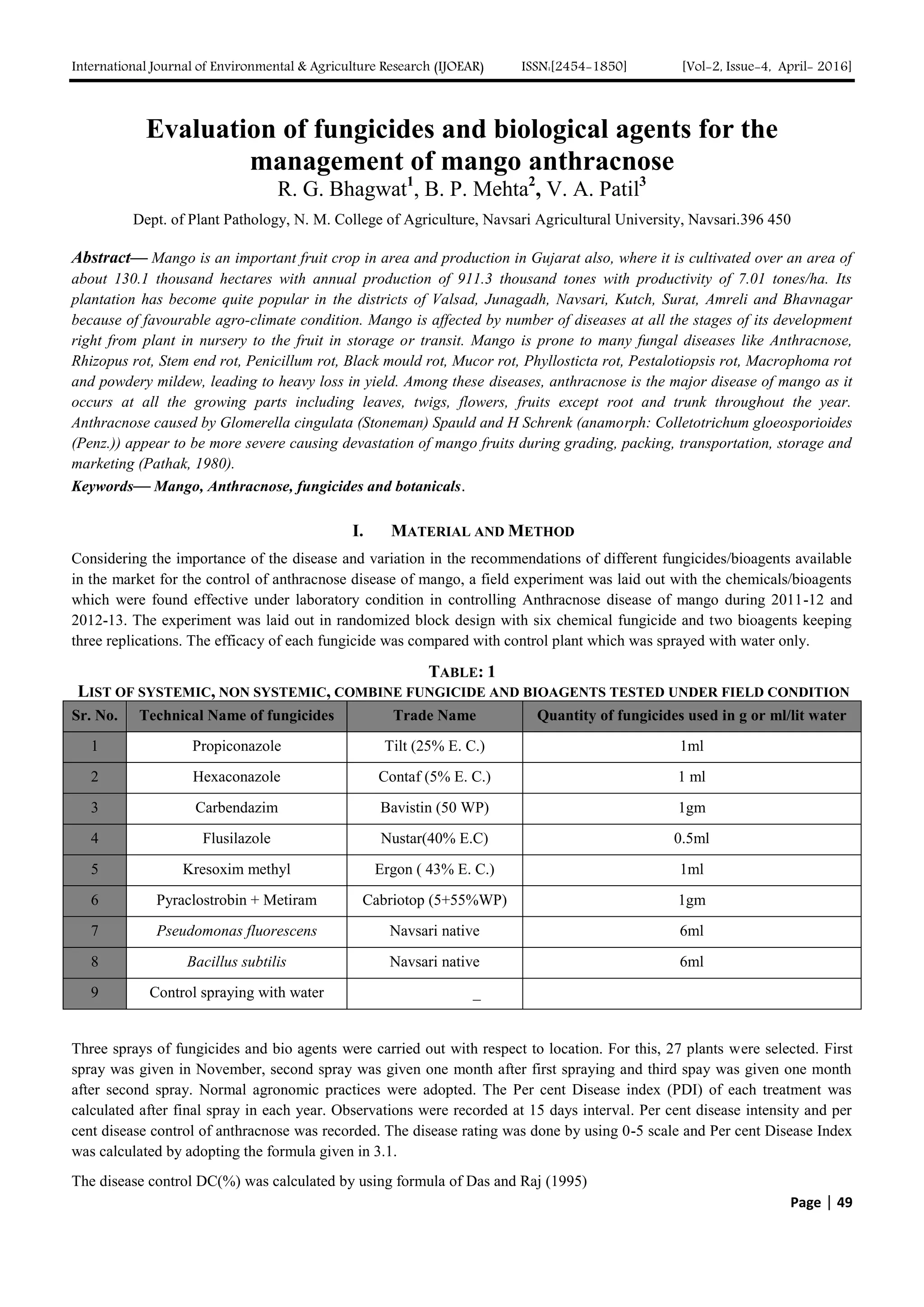 Evaluation of fungicides and biological agents for the management of mango anthracnose | PDF