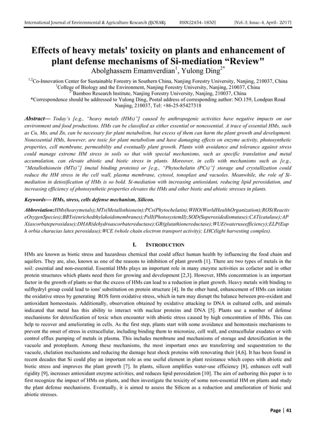 Effects of heavy metals' toxicity on plants and enhancement of plant ...
