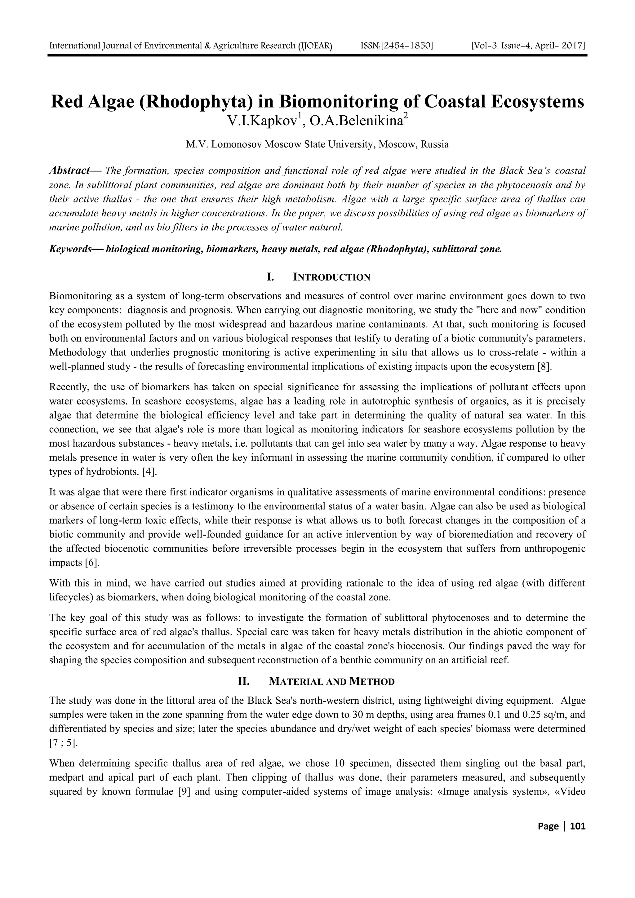 Red Algae (Rhodophyta) in Biomonitoring of Coastal Ecosystems | PDF