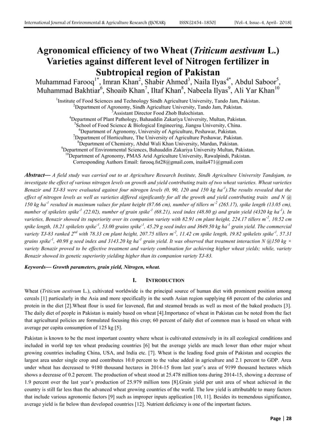 Agronomical efficiency of two Wheat (Triticum aestivum L.) Varieties against different level of ...