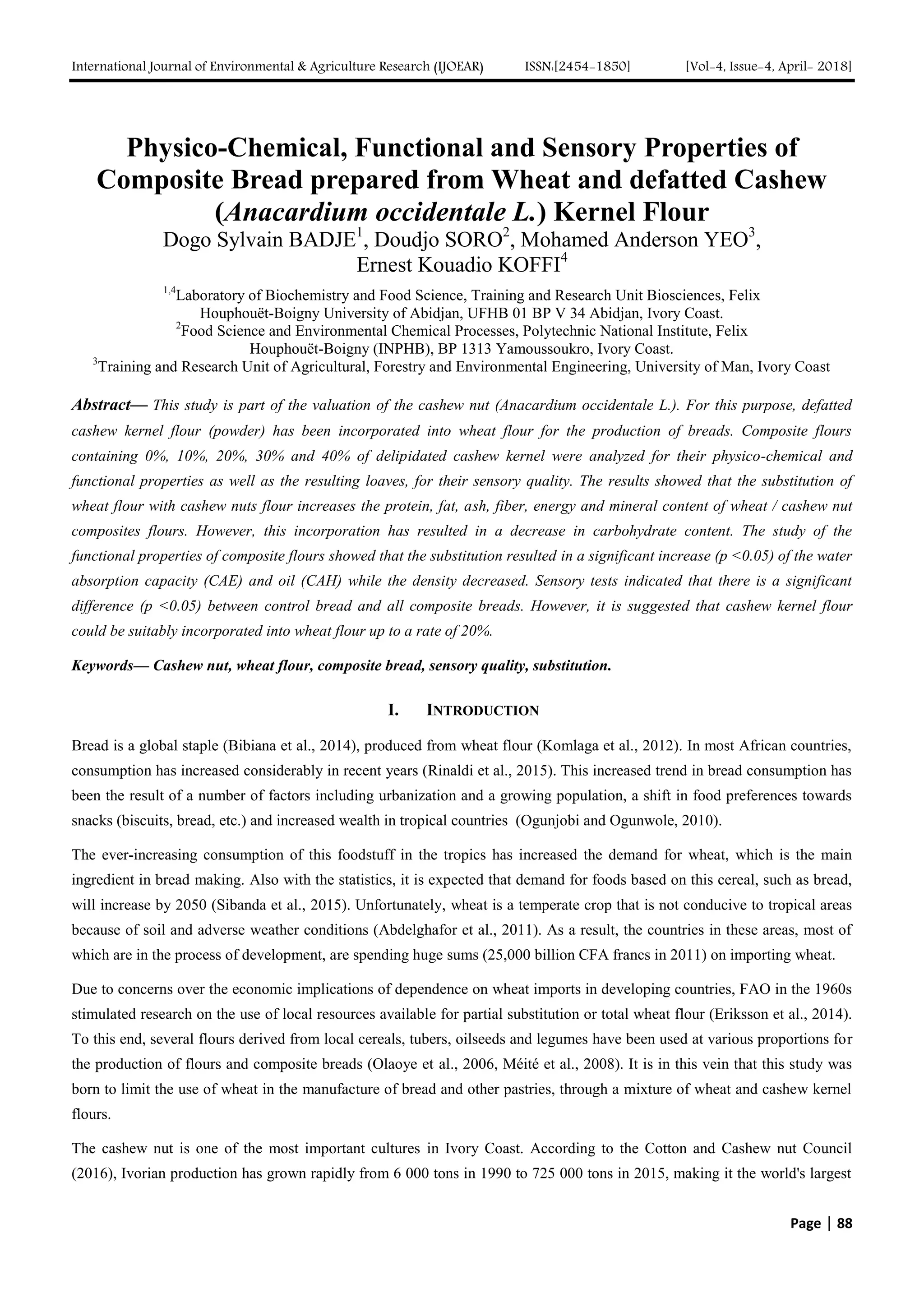 Physico-Chemical, Functional and Sensory Properties of Composite Bread prepared from Wheat and ...