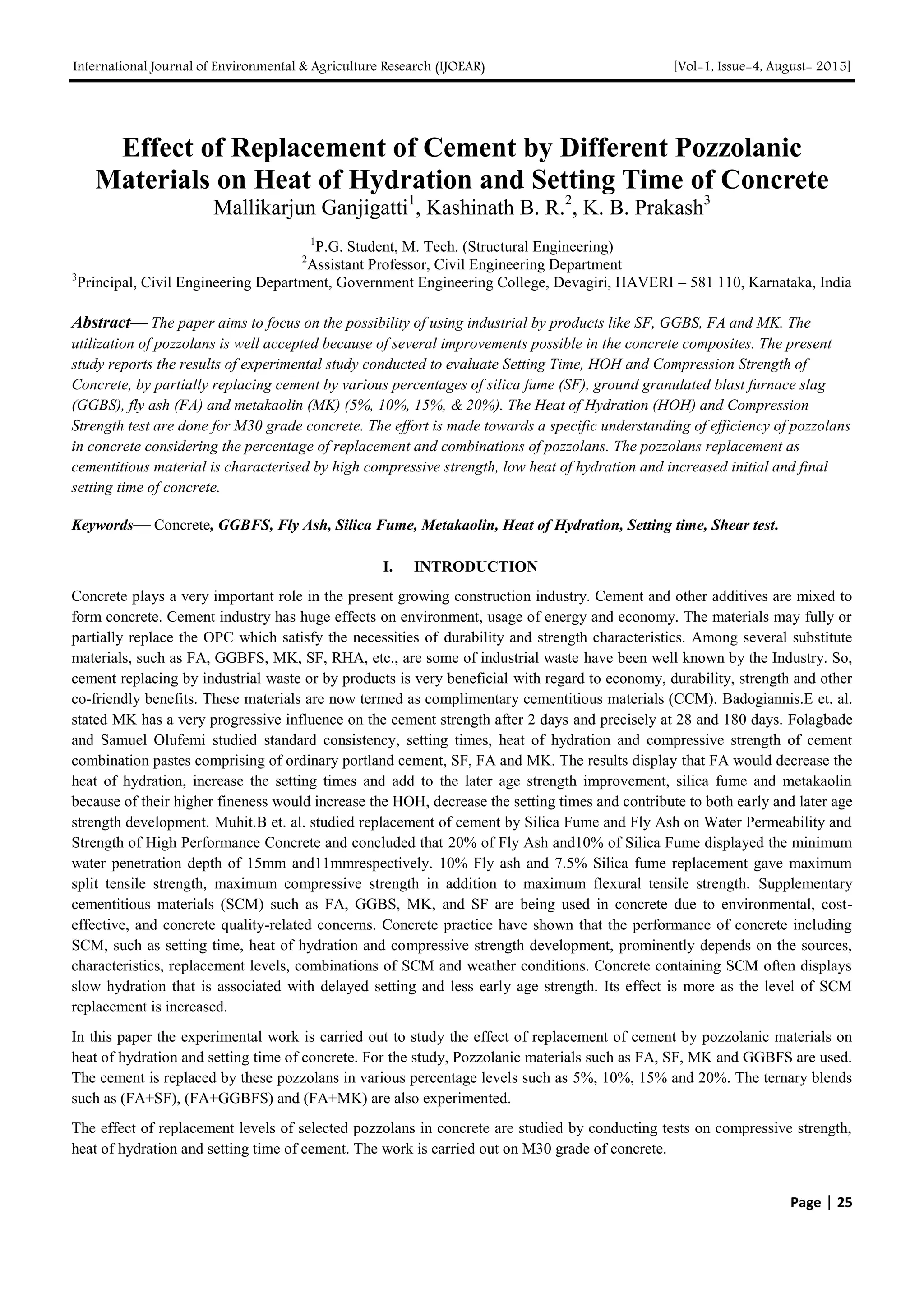 Effect of Replacement of Cement by Different Pozzolanic Materials on Heat of Hydration and ...
