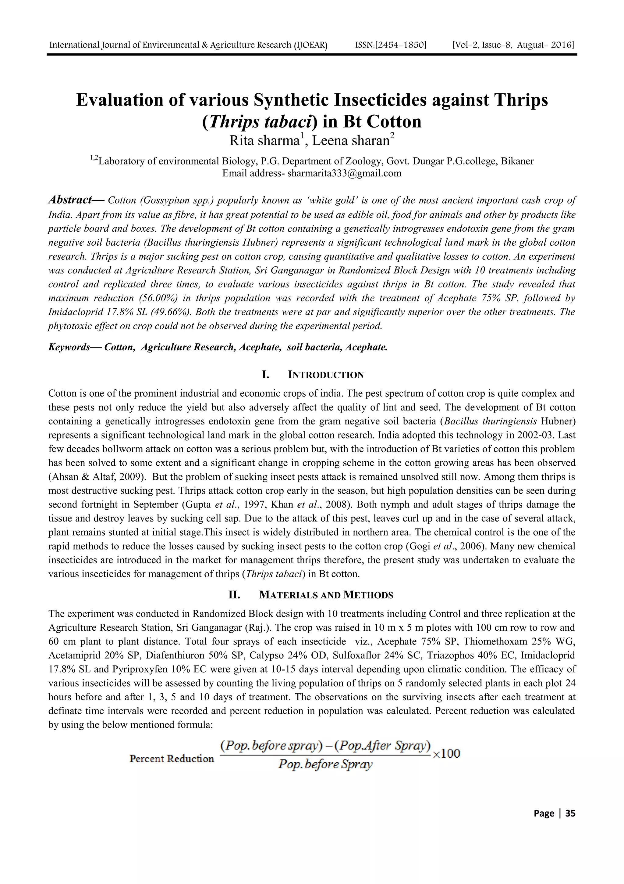 Evaluation of various Synthetic Insecticides against Thrips (Thrips tabaci) in Bt Cotton | PDF ...