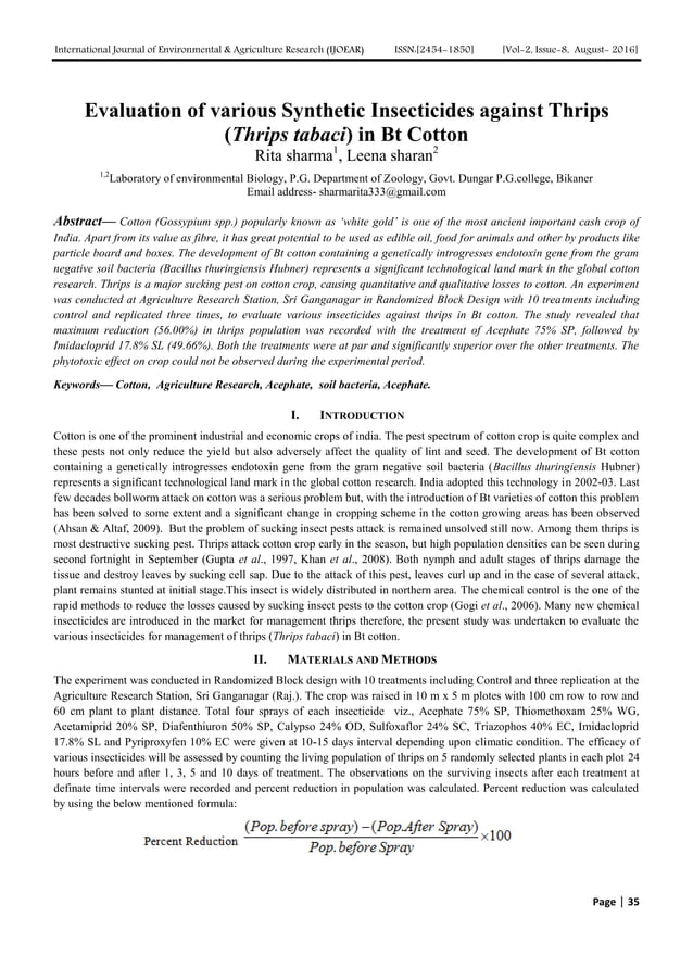 Evaluation of various Synthetic Insecticides against Thrips (Thrips tabaci) in Bt Cotton | PDF ...
