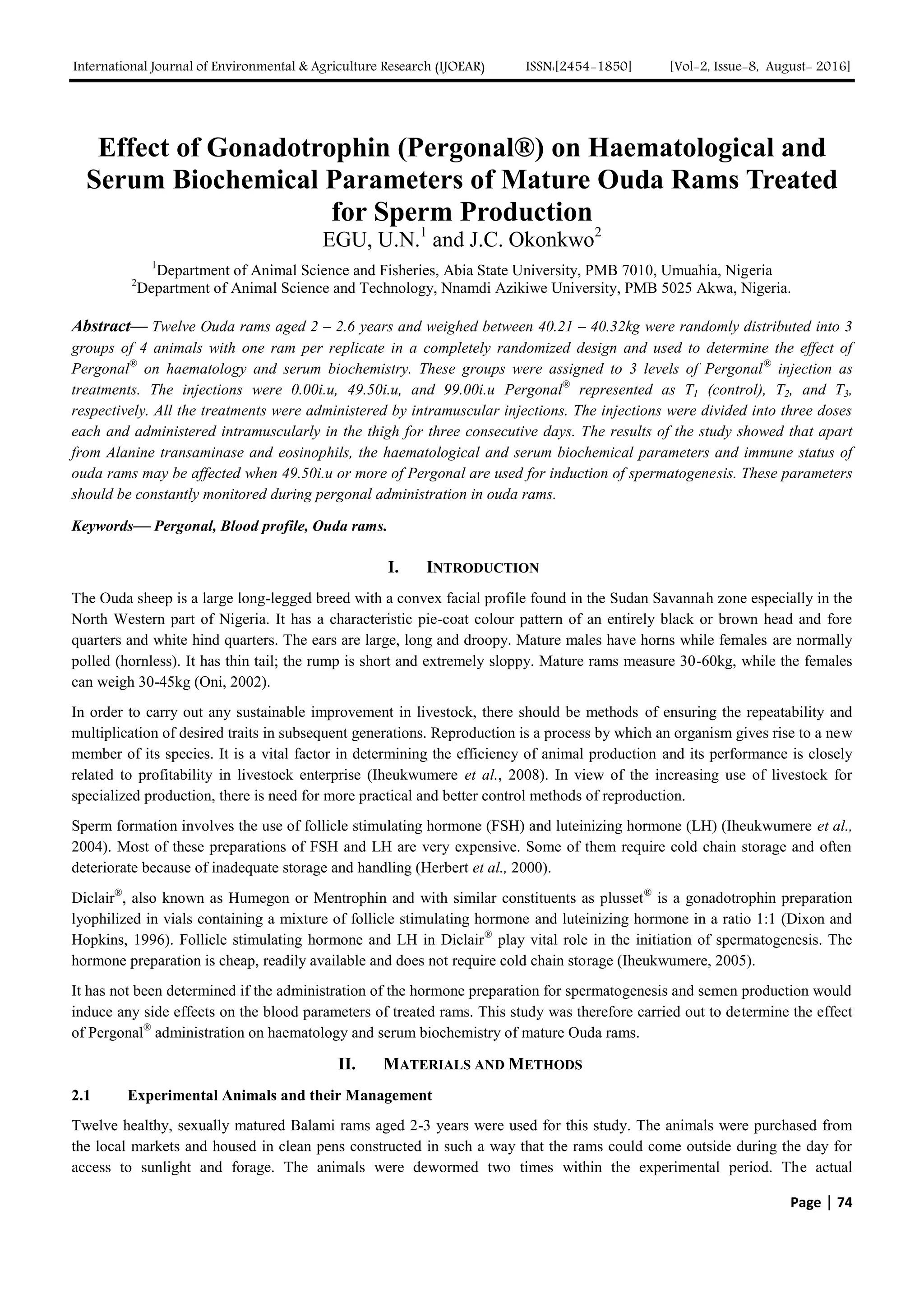 Effect of Gonadotrophin (Pergonal®) on Haematological and Serum ...