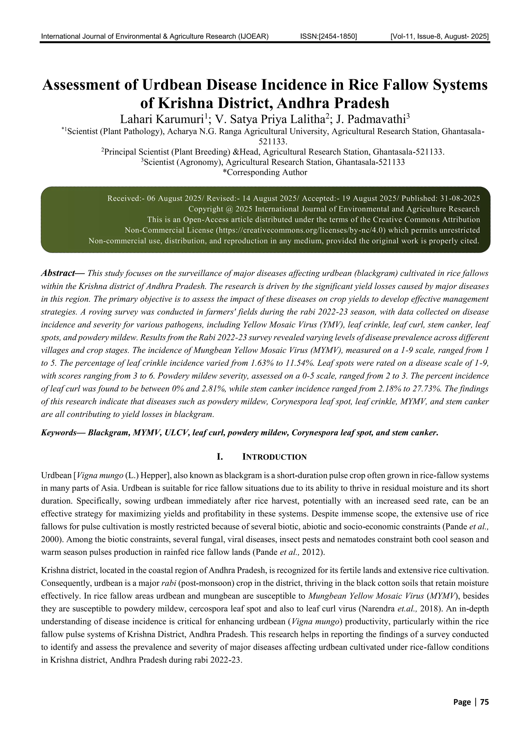 Assessment of Urdbean Disease Incidence in Rice Fallow Systems of ...