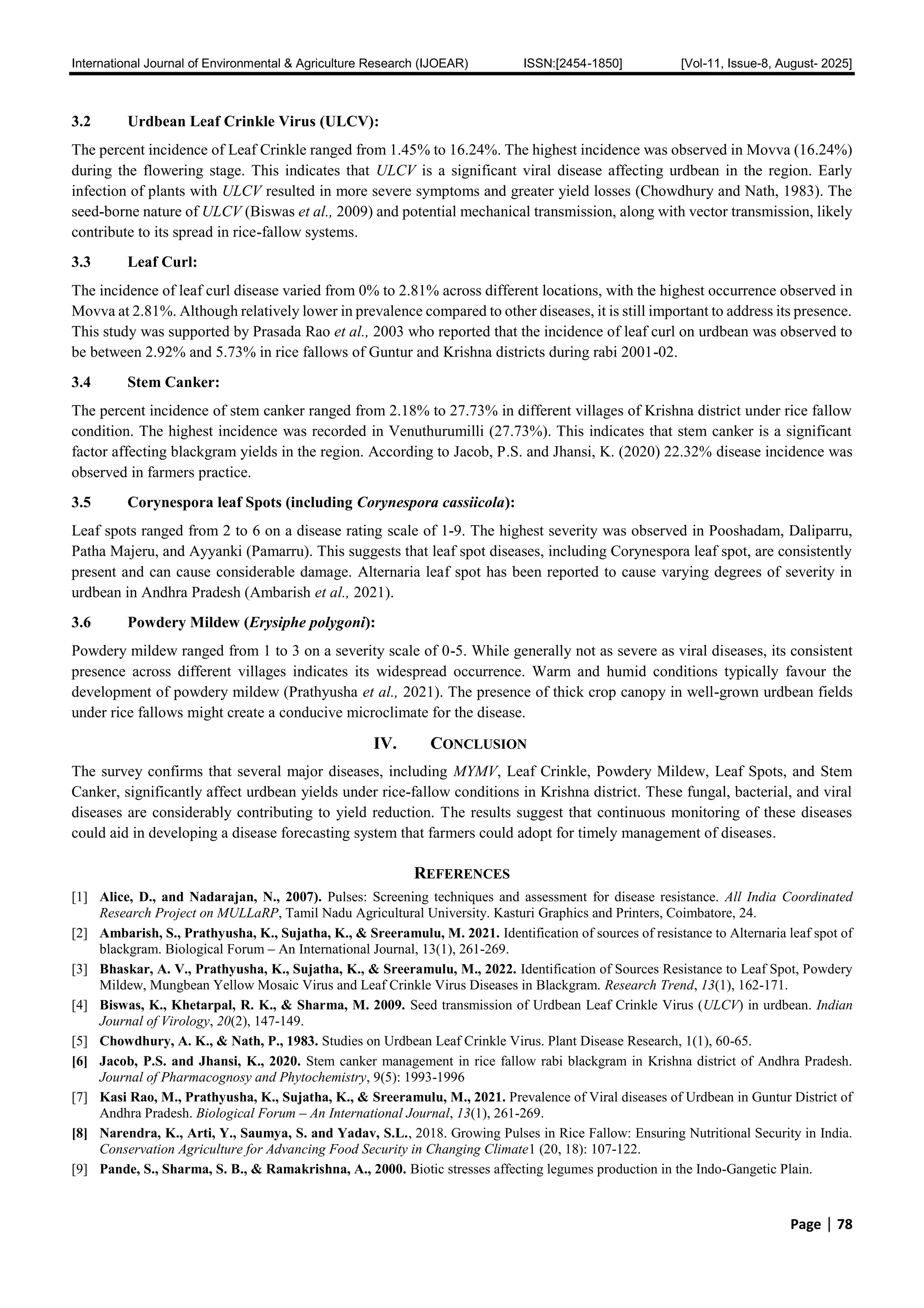 Assessment of Urdbean Disease Incidence in Rice Fallow Systems of ...