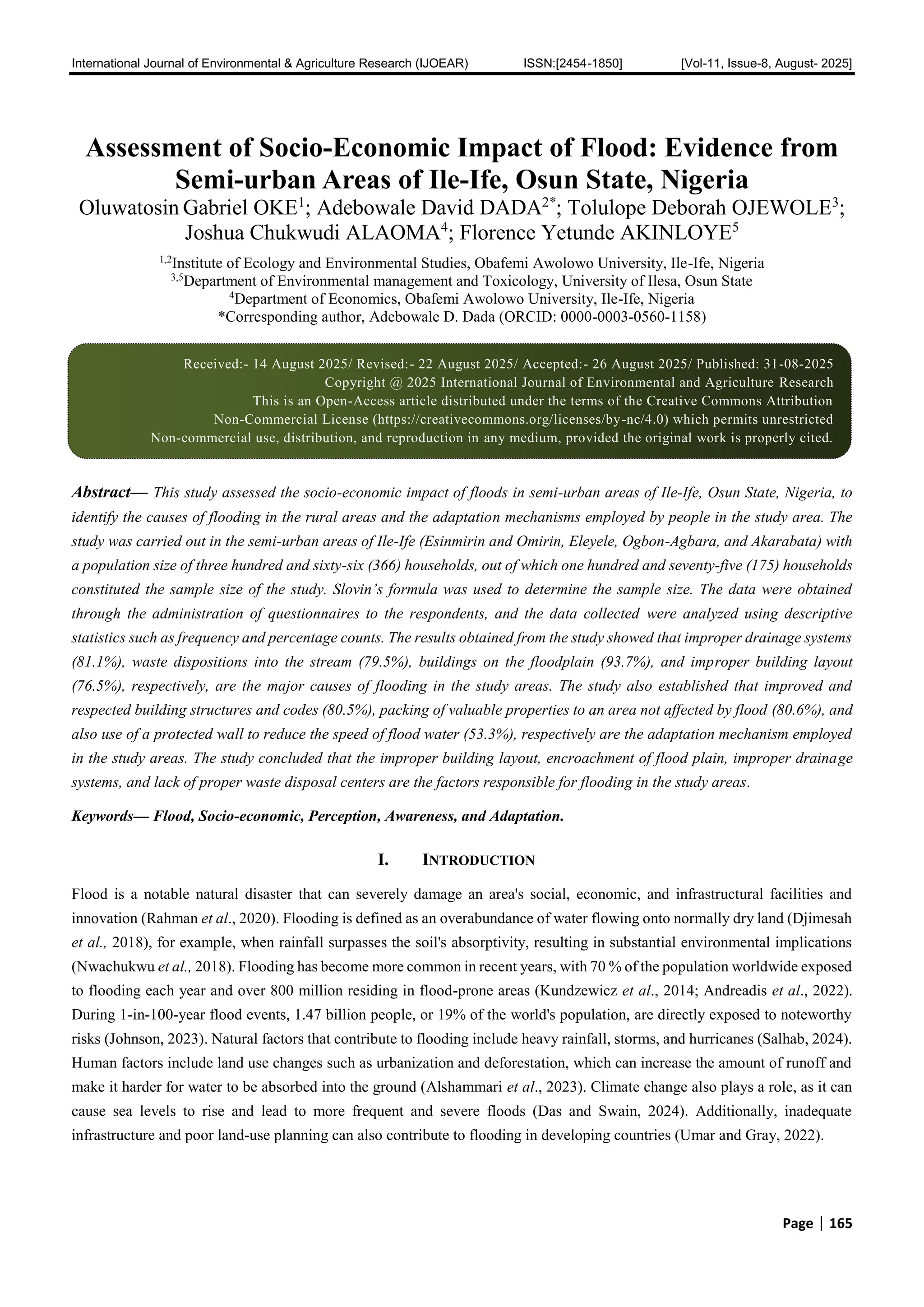 Assessment of Socio-Economic Impact of Flood: Evidence from Semi-urban ...