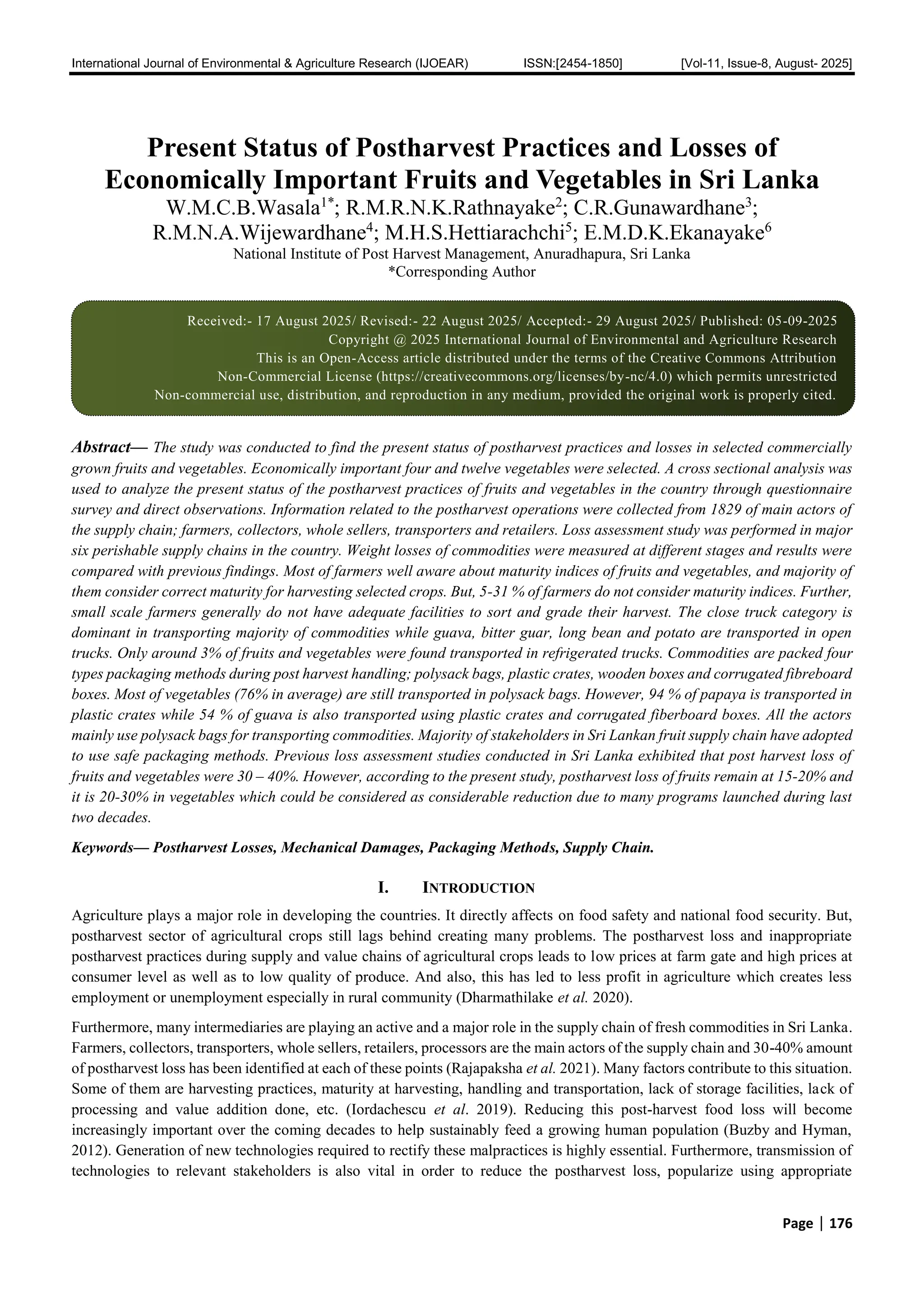 Present Status of Postharvest Practices and Losses of Economically ...