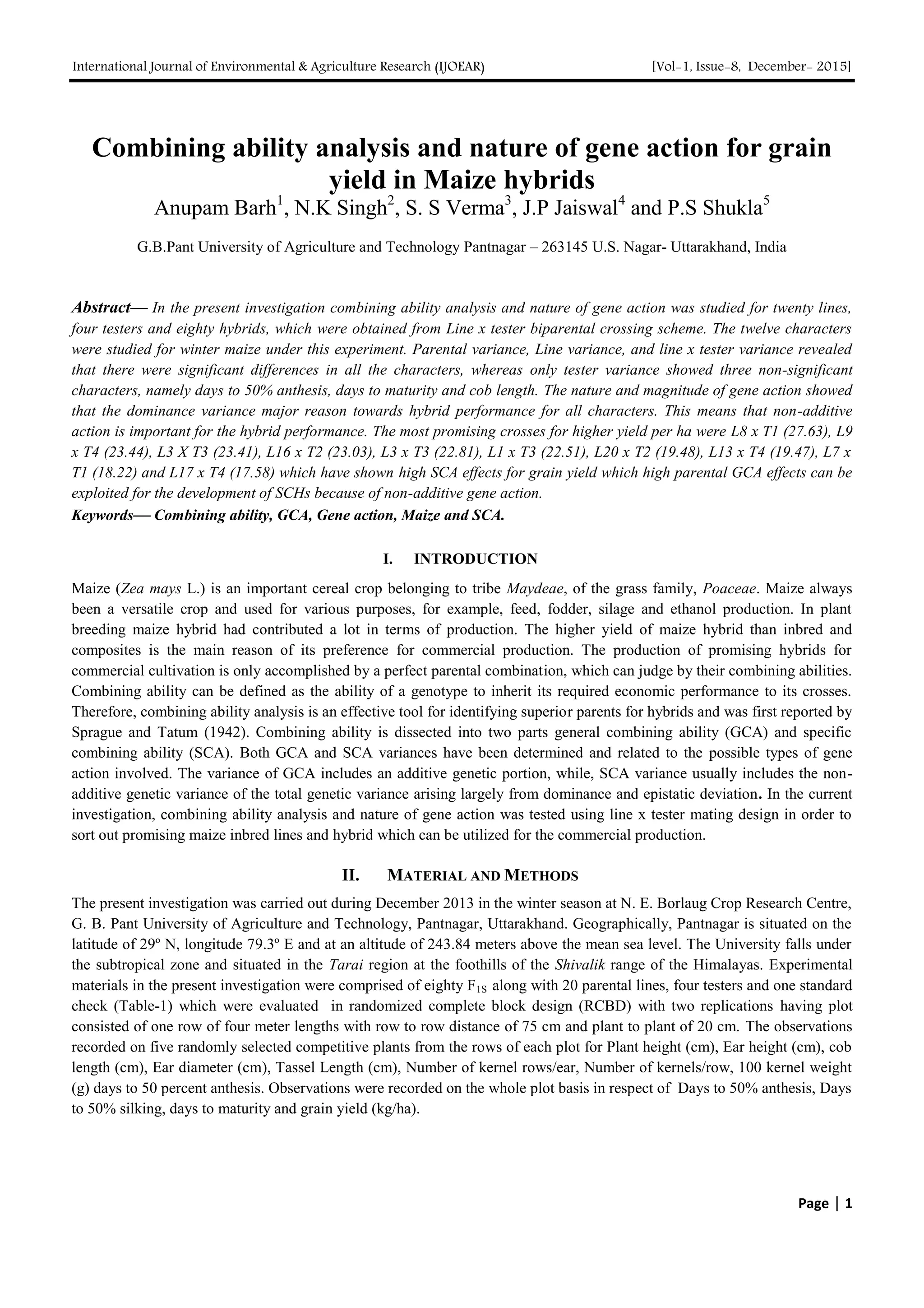Combining ability analysis and nature of gene action for grain yield in Maize hybrids | PDF