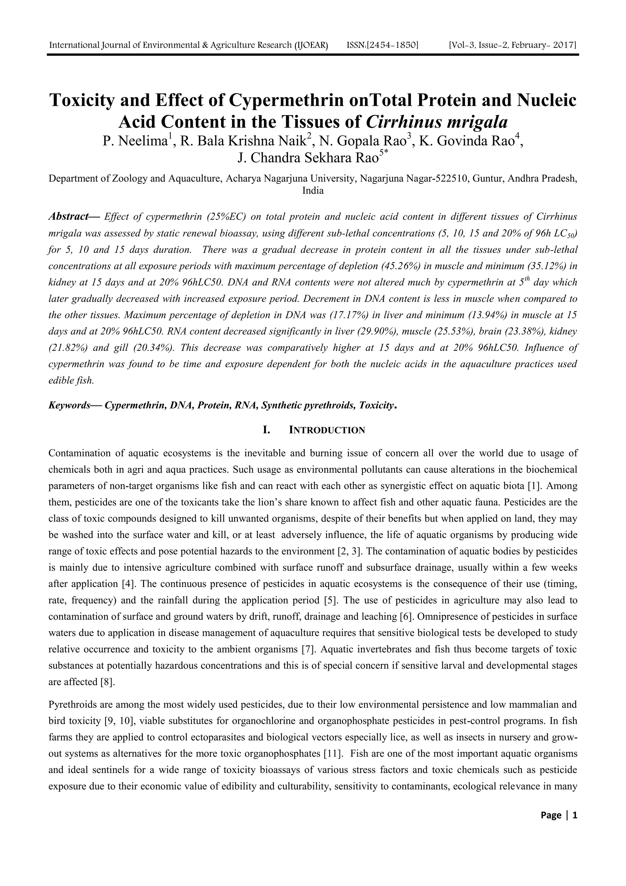 Toxicity and Effect of Cypermethrin onTotal Protein and Nucleic Acid ...