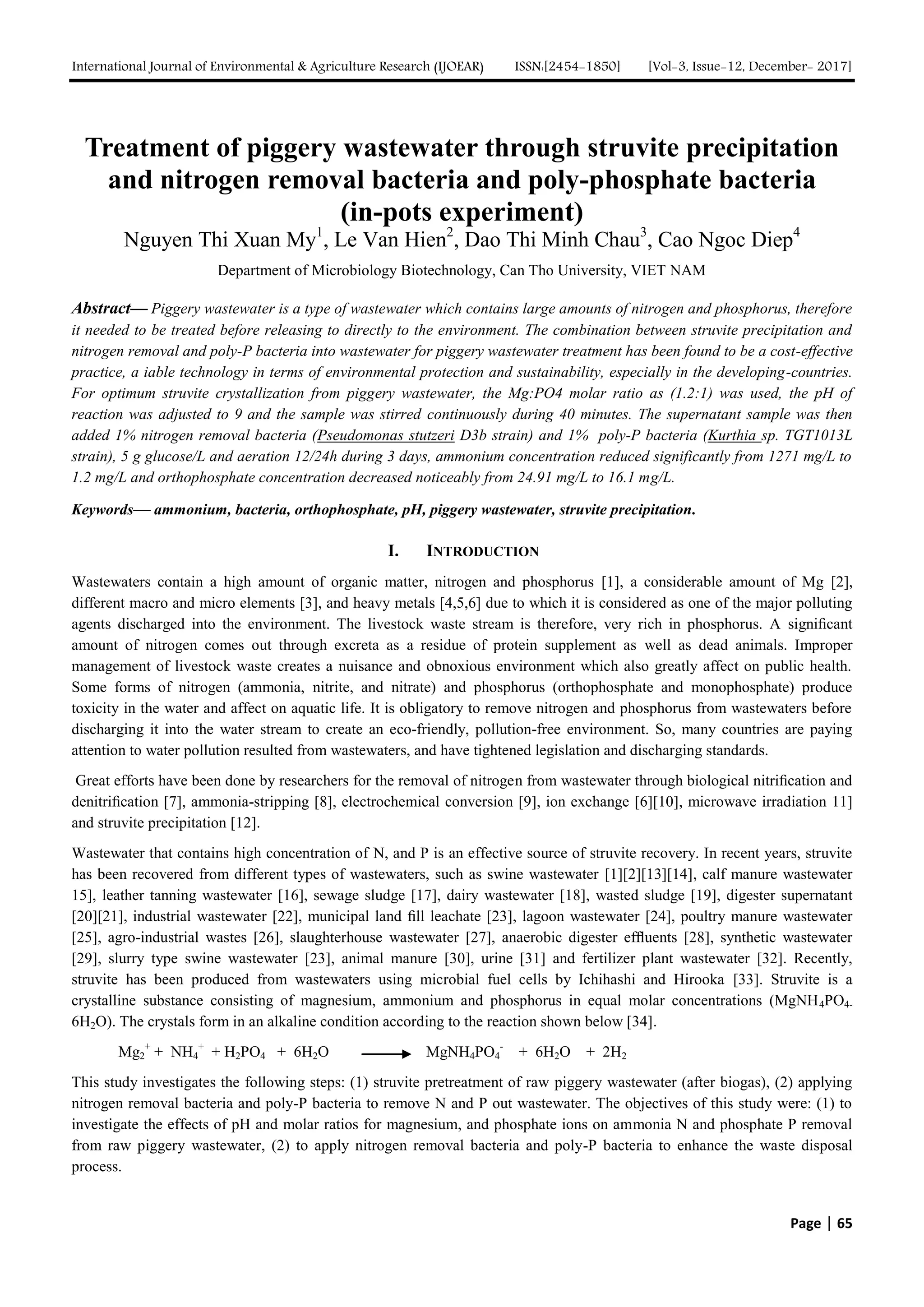 Treatment of piggery wastewater through struvite precipitation and ...