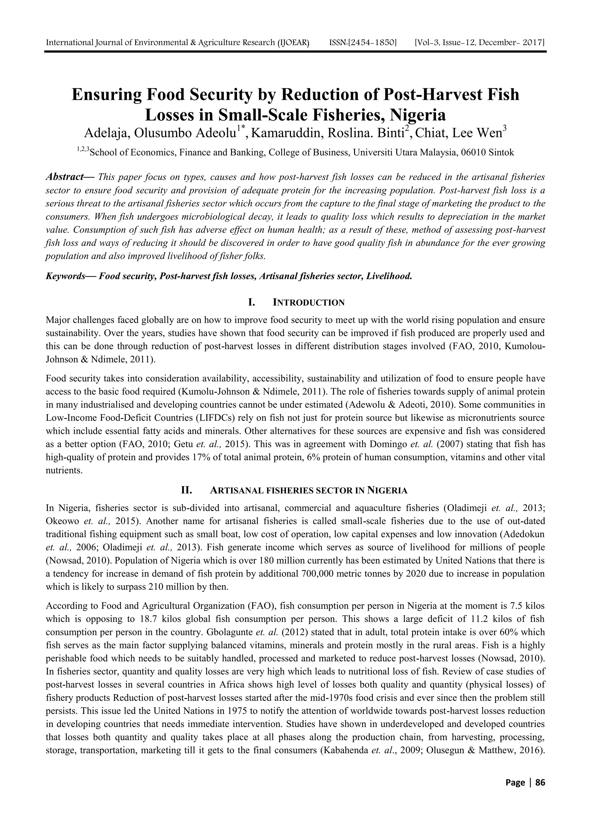 Ensuring Food Security by Reduction of Post-Harvest Fish Losses in ...