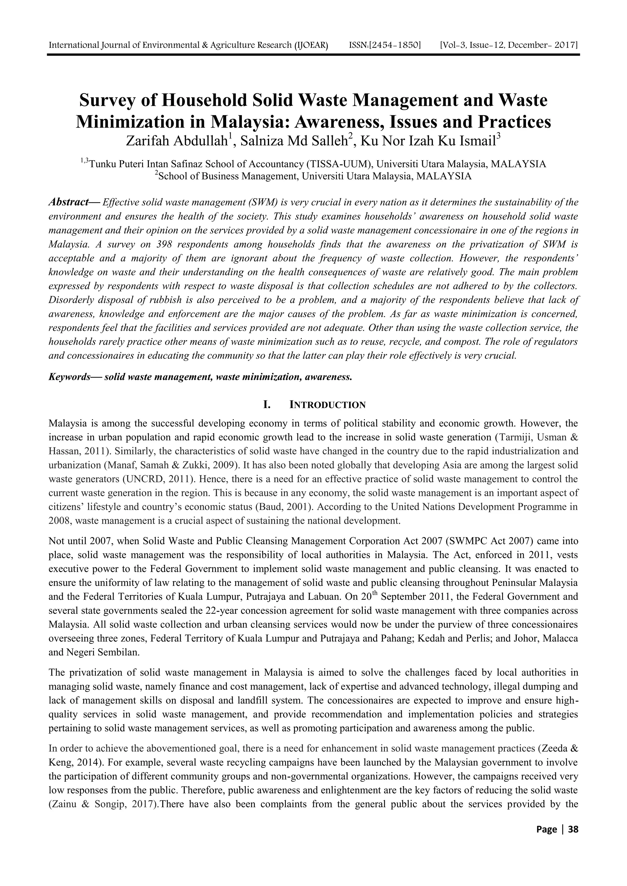 Survey of Household Solid Waste Management and Waste Minimization in ...