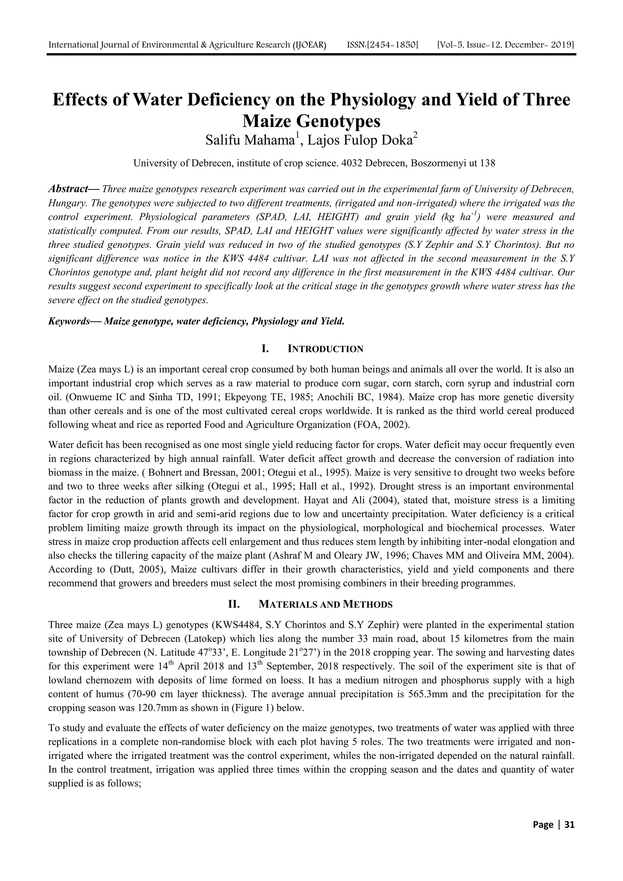 Effects of Water Deficiency on the Physiology and Yield of Three Maize ...