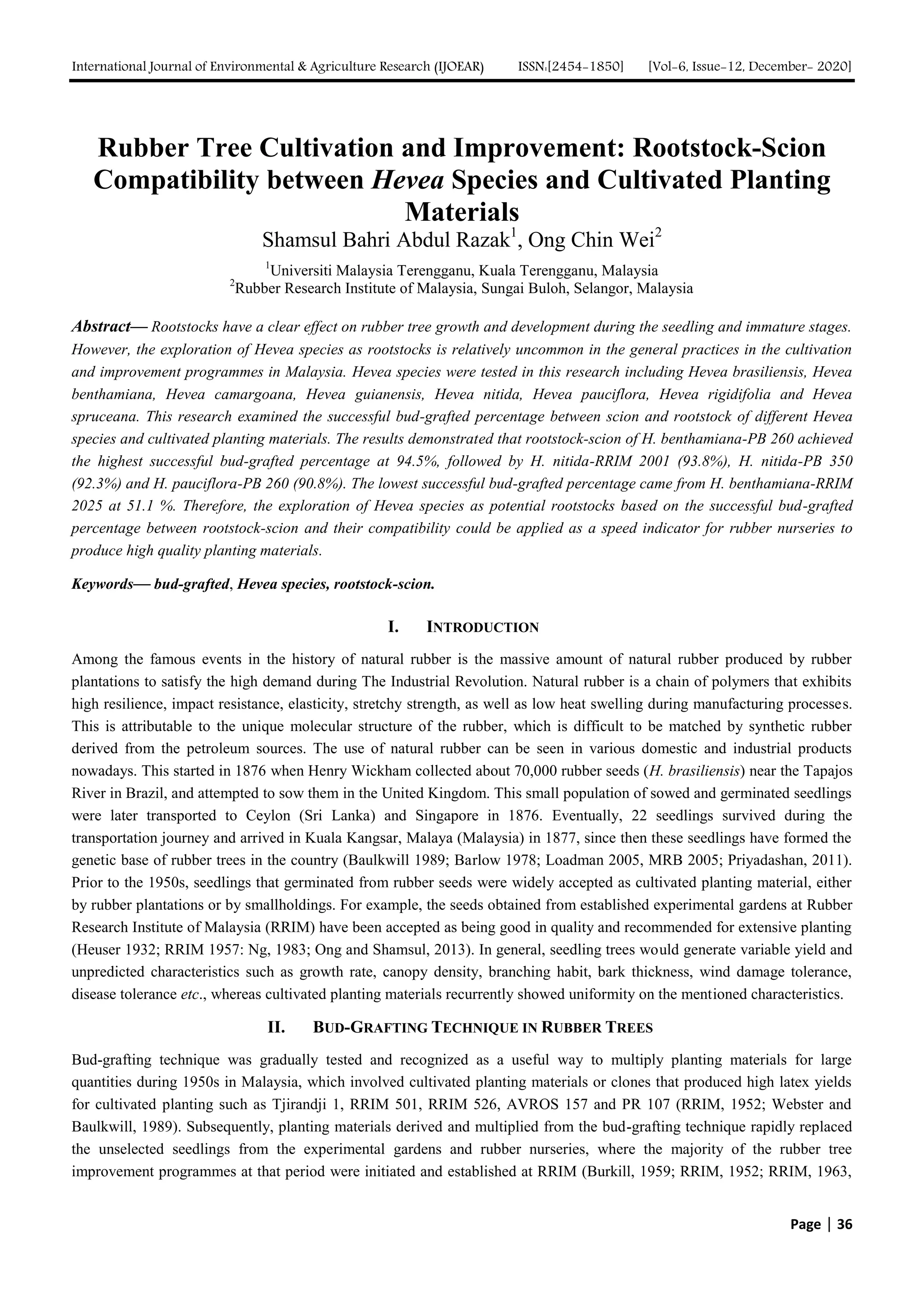 Rubber Tree Cultivation and Improvement: Rootstock-Scion Compatibility ...