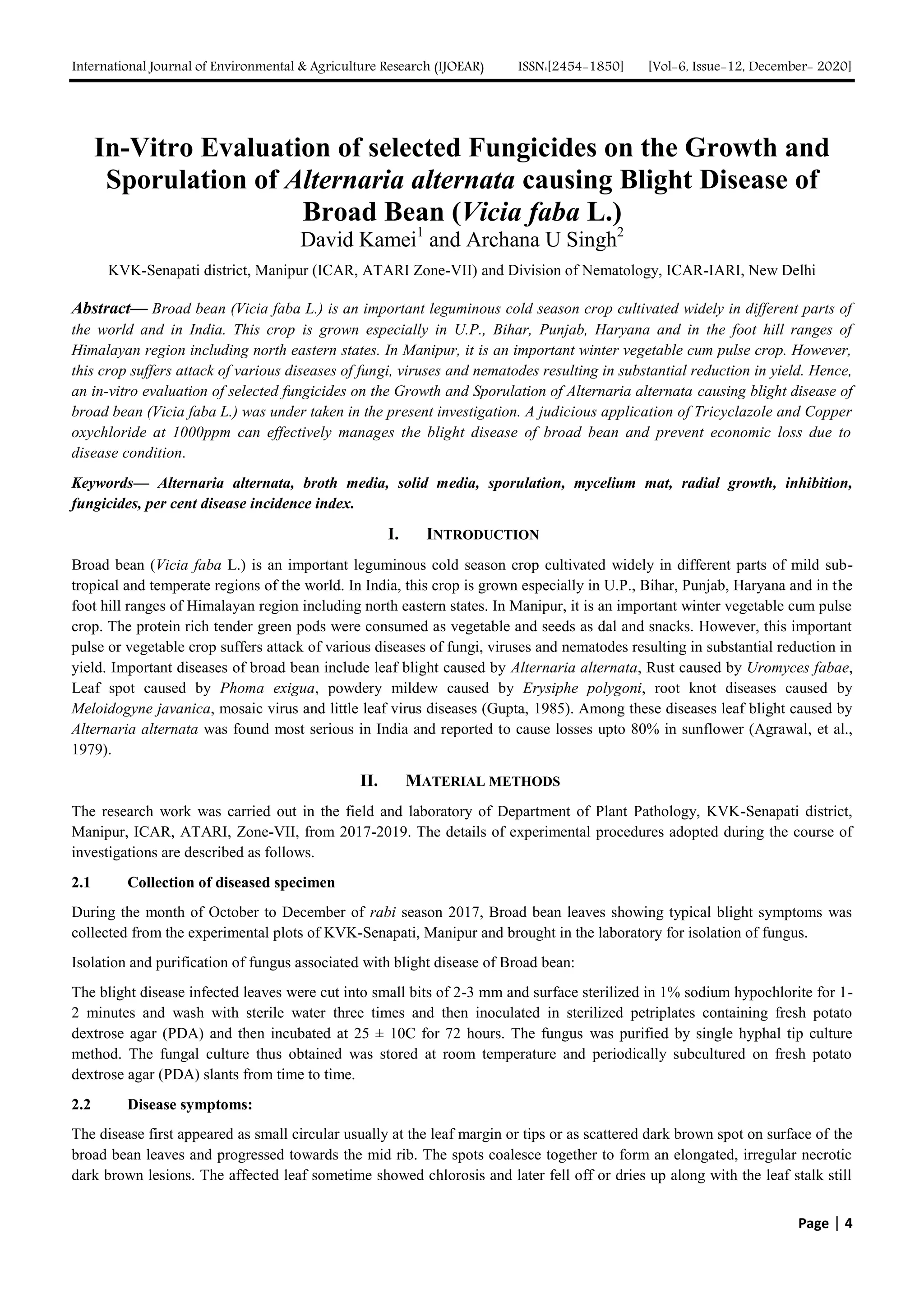 In-Vitro Evaluation of selected Fungicides on the Growth and Sporulation of Alternaria alternata ...