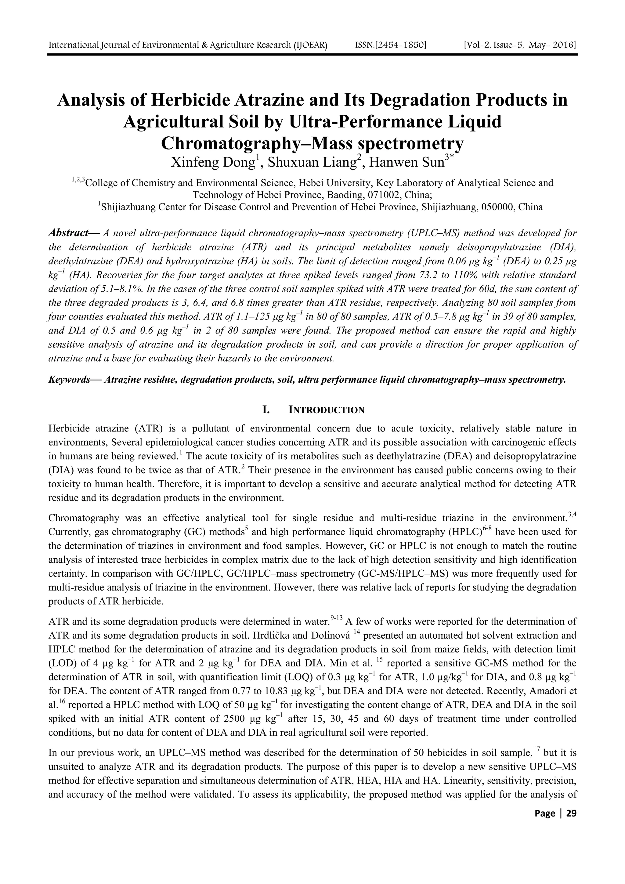 Analysis of Herbicide Atrazine and Its Degradation Products in Agricultural Soil by Ultra ...