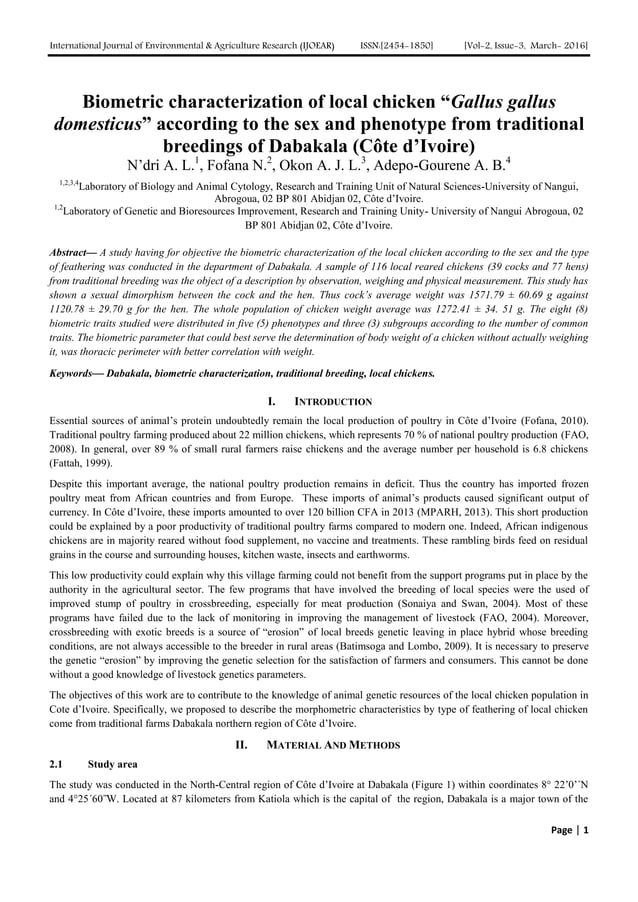 Biometric characterization of local chicken “Gallus gallus domesticus” according to the sex and ...