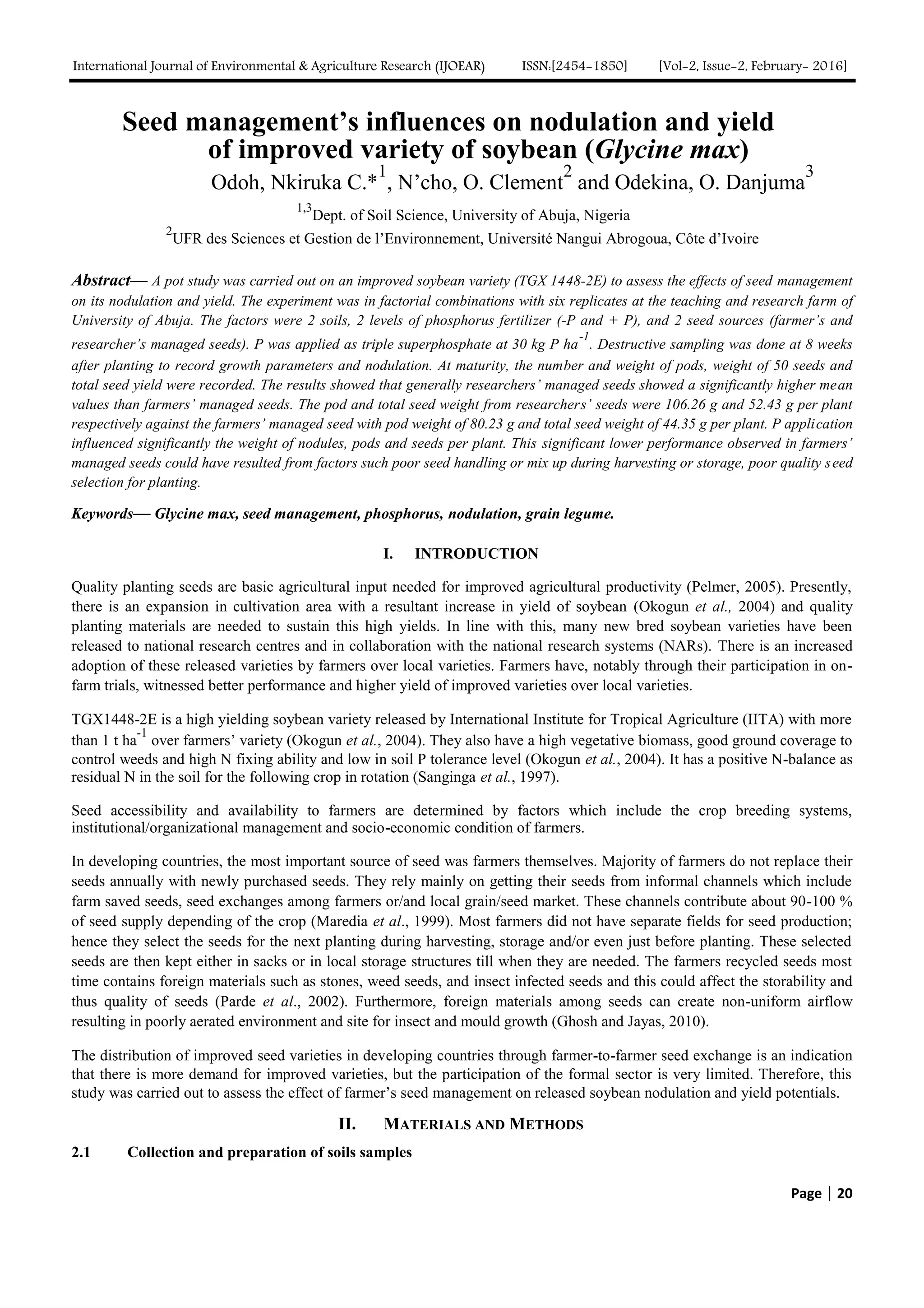 Seed management’s influences on nodulation and yield of improved variety of soybean (Glycine max ...