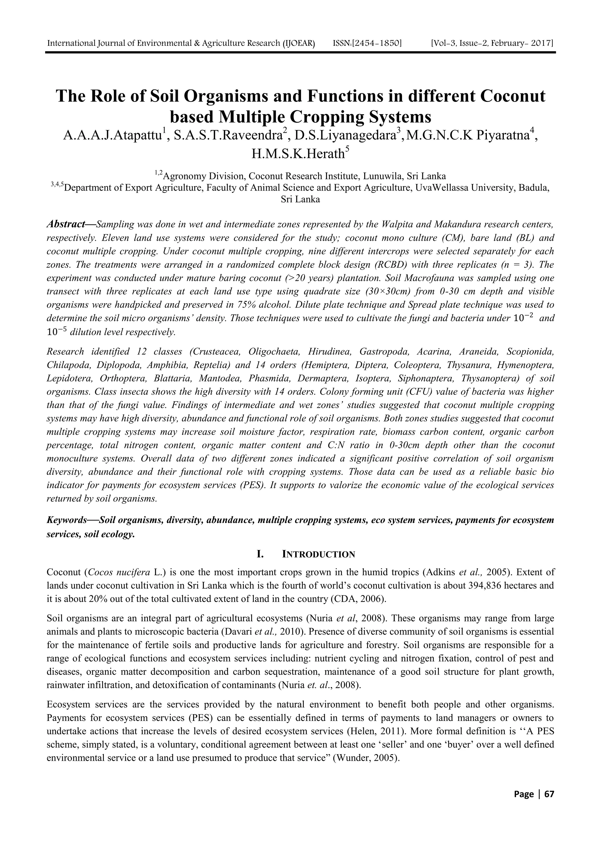 The Role of Soil Organisms and Functions in different Coconut based ...