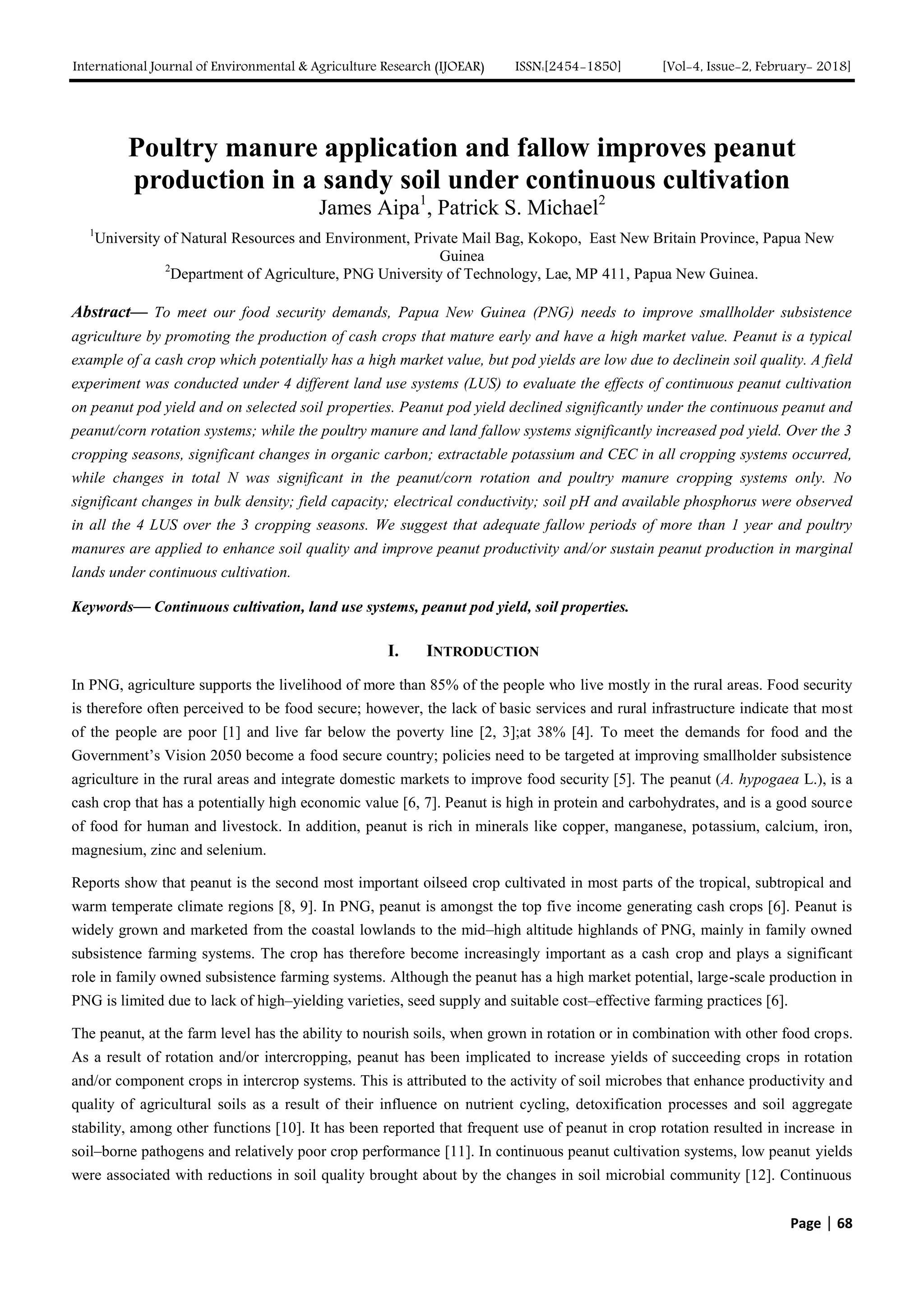 Poultry manure application and fallow improves peanut production in a ...