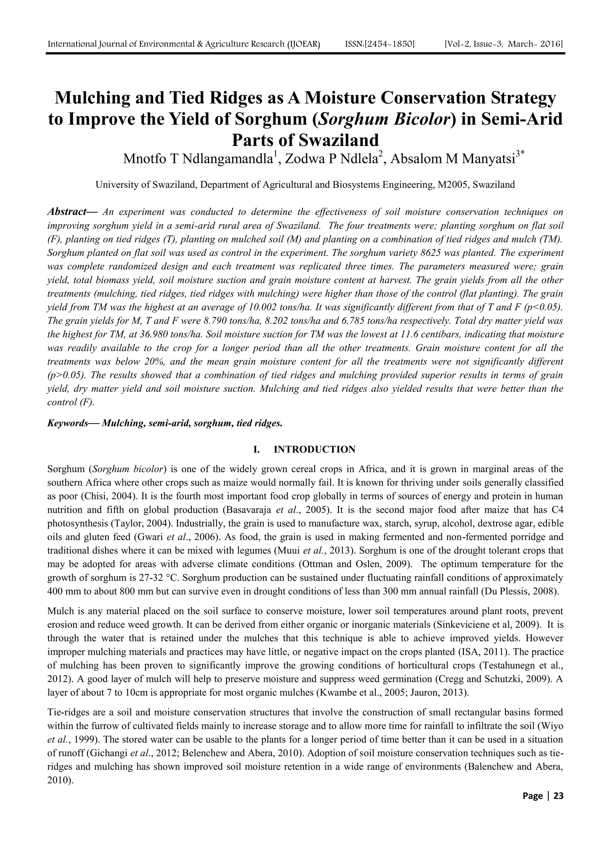 Mulching and Tied Ridges as A Moisture Conservation Strategy to Improve ...