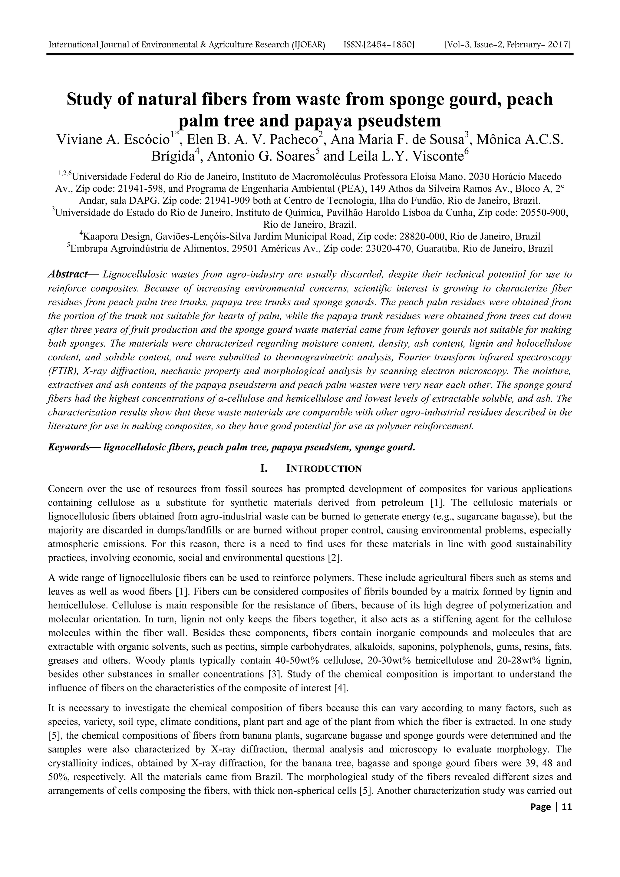 Study of natural fibers from waste from sponge gourd, peach palm tree ...
