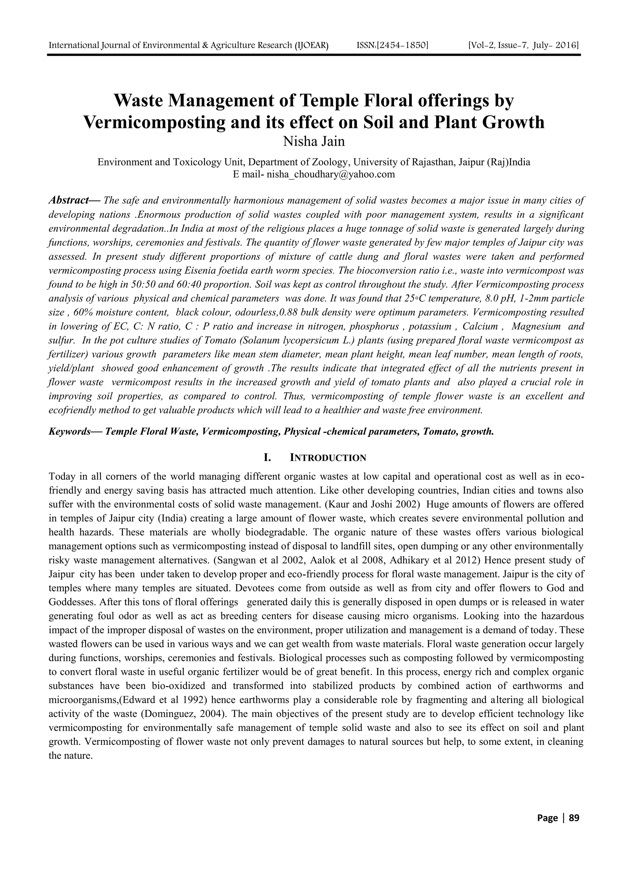 Waste Management of Temple Floral offerings by Vermicomposting and its ...