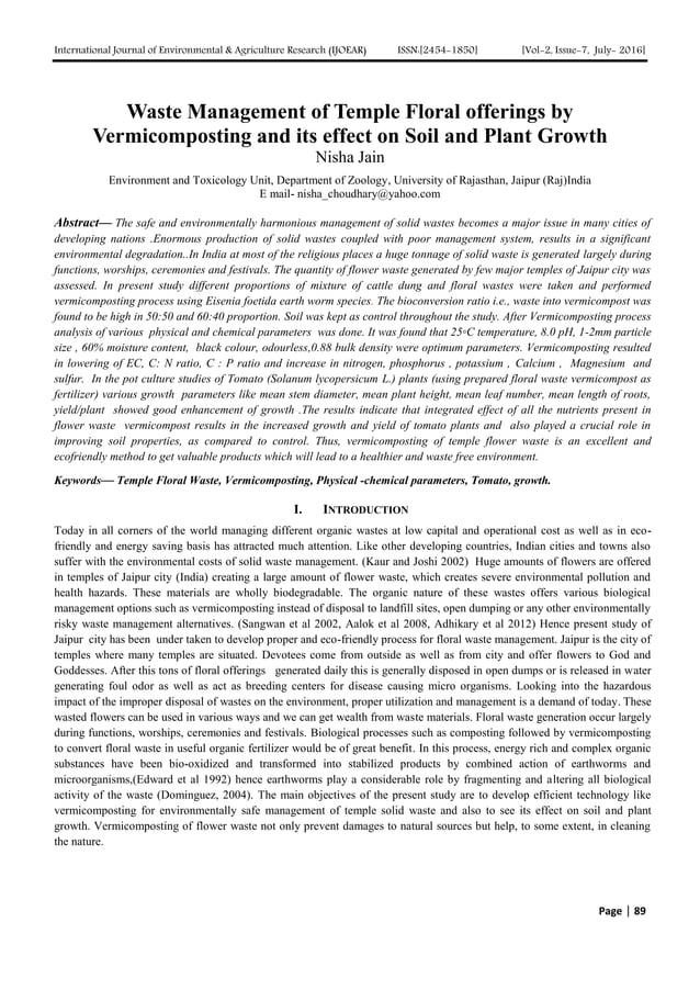 Waste Management of Temple Floral offerings by Vermicomposting and its ...