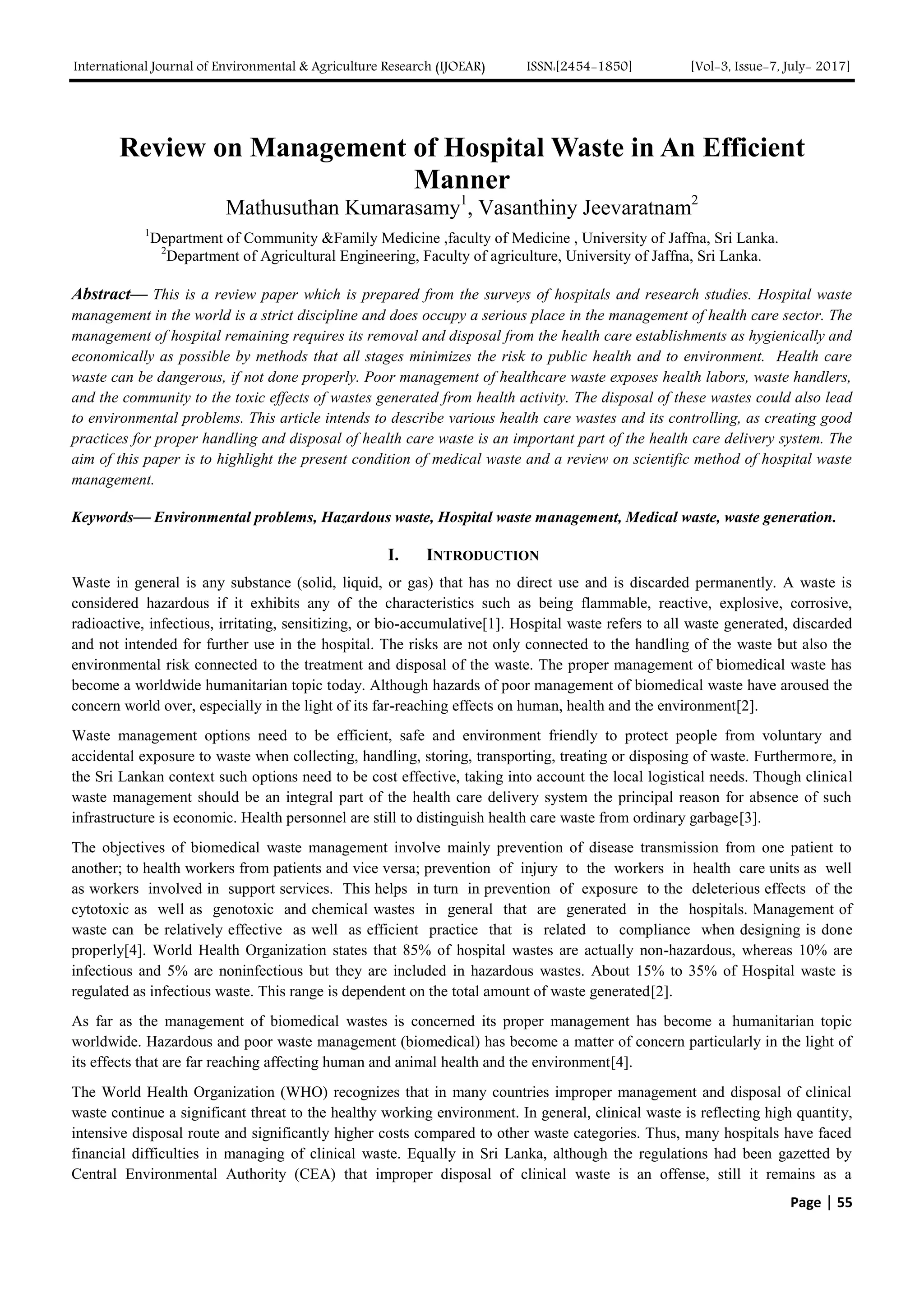 Review on Management of Hospital Waste in An Efficient Manner | PDF