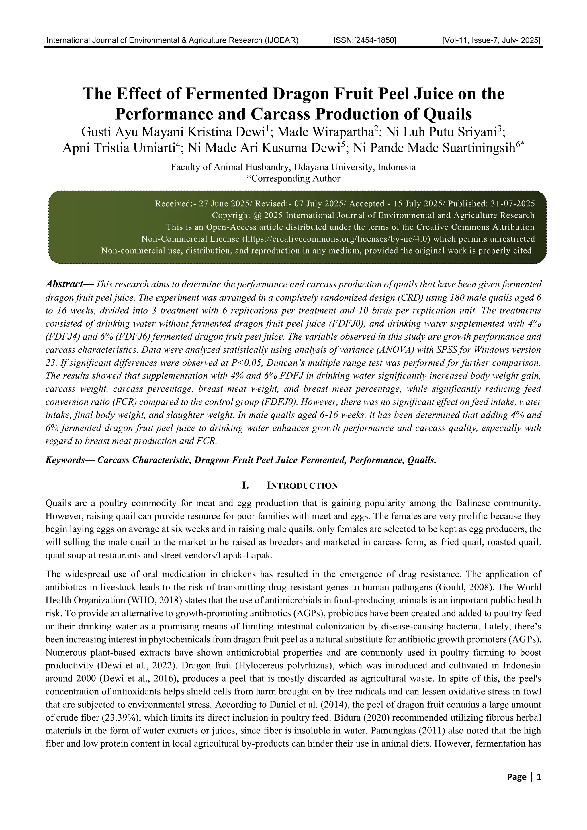 The Effect of Fermented Dragon Fruit Peel Juice on the Performance and ...