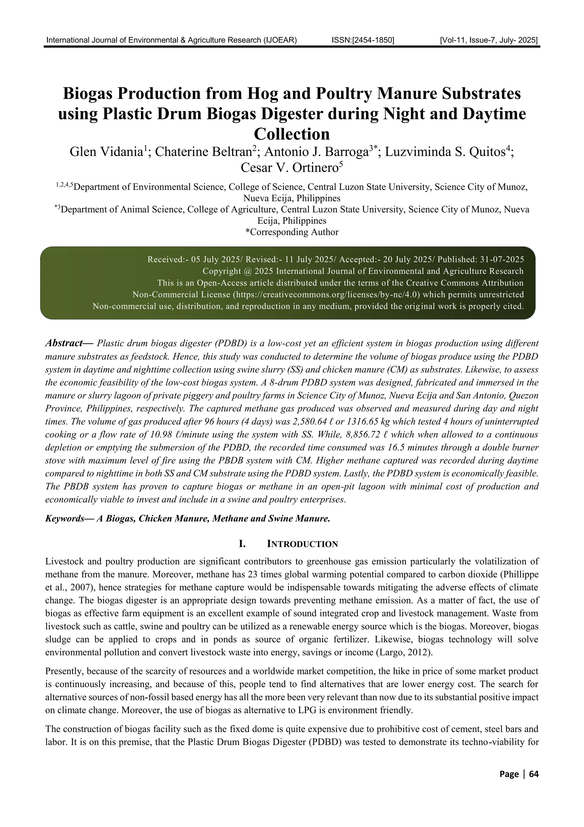 Biogas Production from Hog and Poultry Manure Substrates using Plastic ...