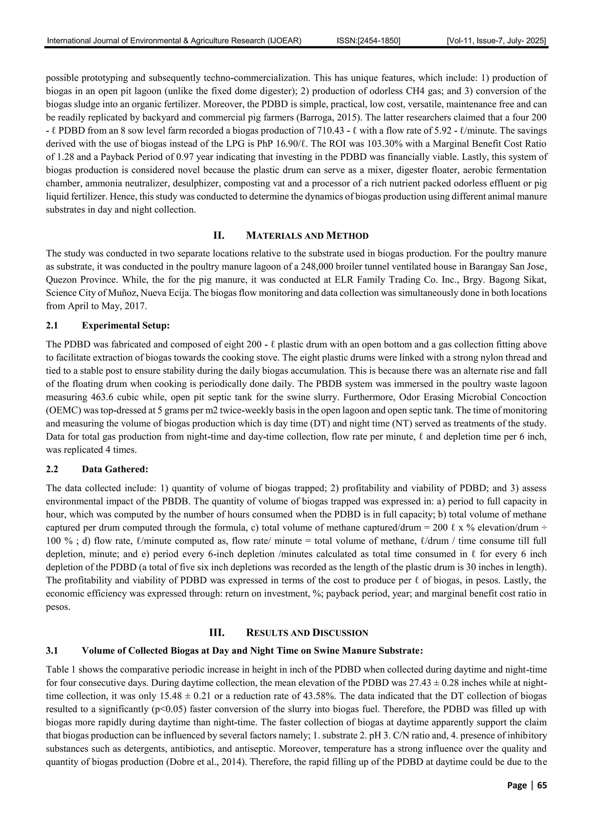 Biogas Production from Hog and Poultry Manure Substrates using Plastic ...