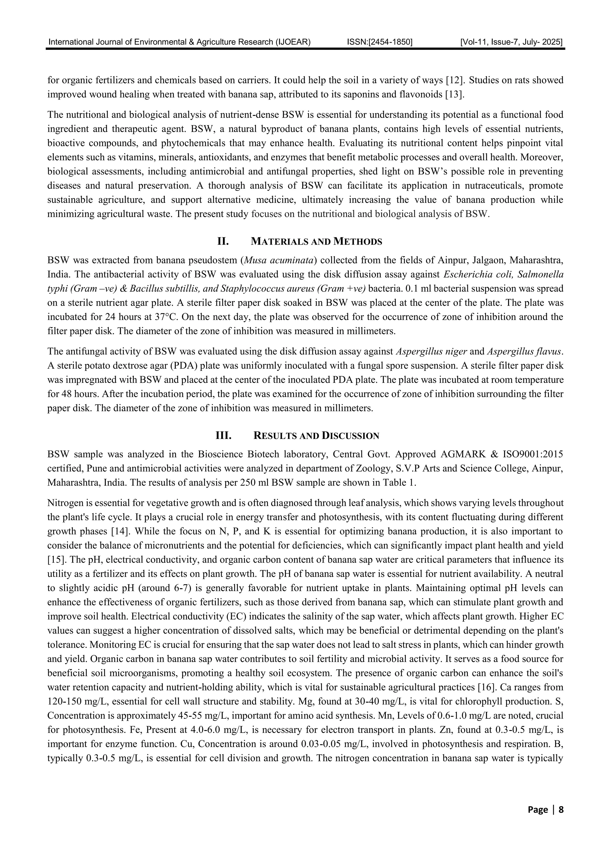 Nutritional and Biological Analysis of Nutrient-dense Banana Sap Water ...