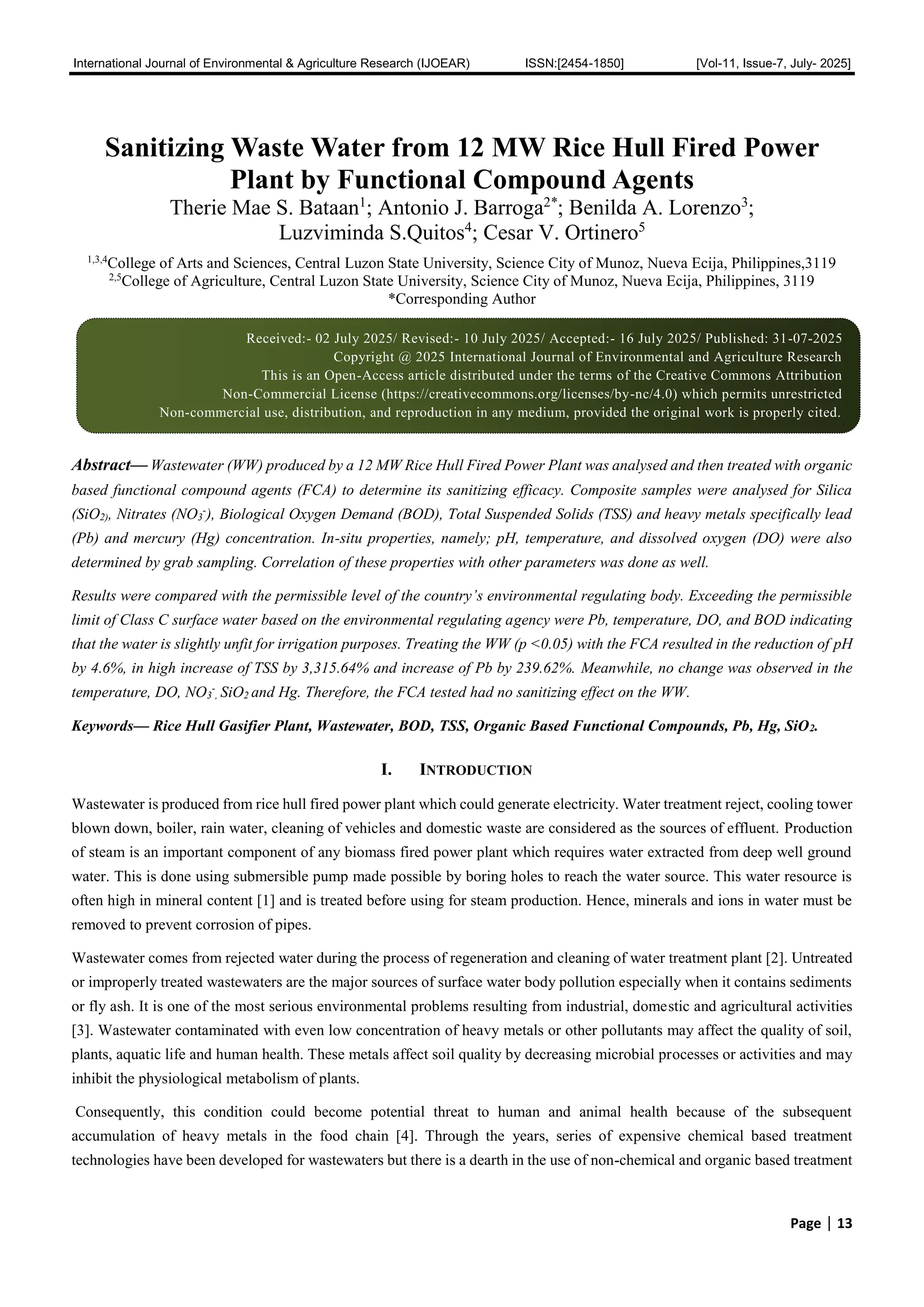 Sanitizing Waste Water from 12 MW Rice Hull Fired Power Plant by ...