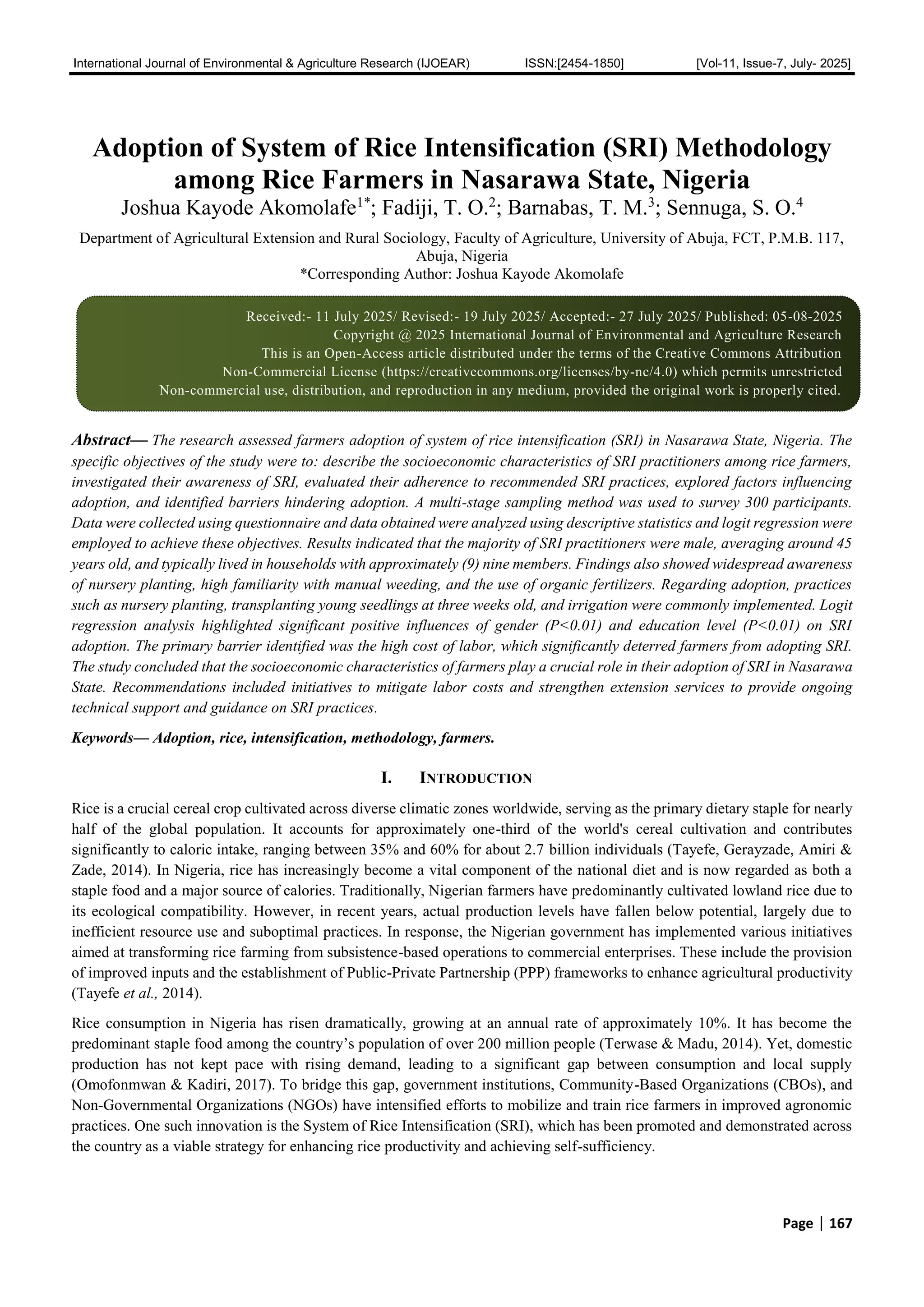 Adoption of System of Rice Intensification (SRI) Methodology among Rice ...