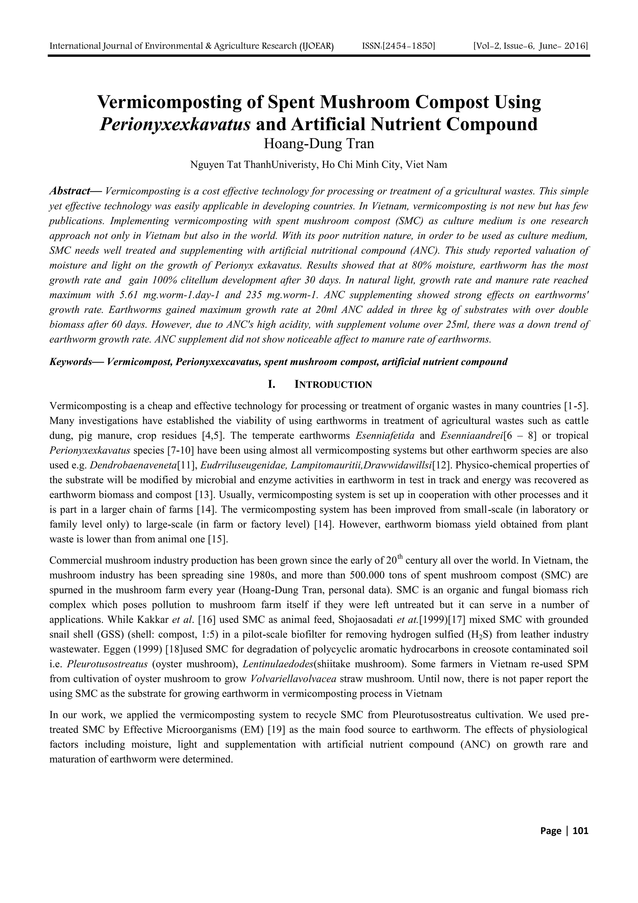 Vermicomposting of Spent Mushroom Compost Using Perionyxexkavatus and Artificial Nutrient ...