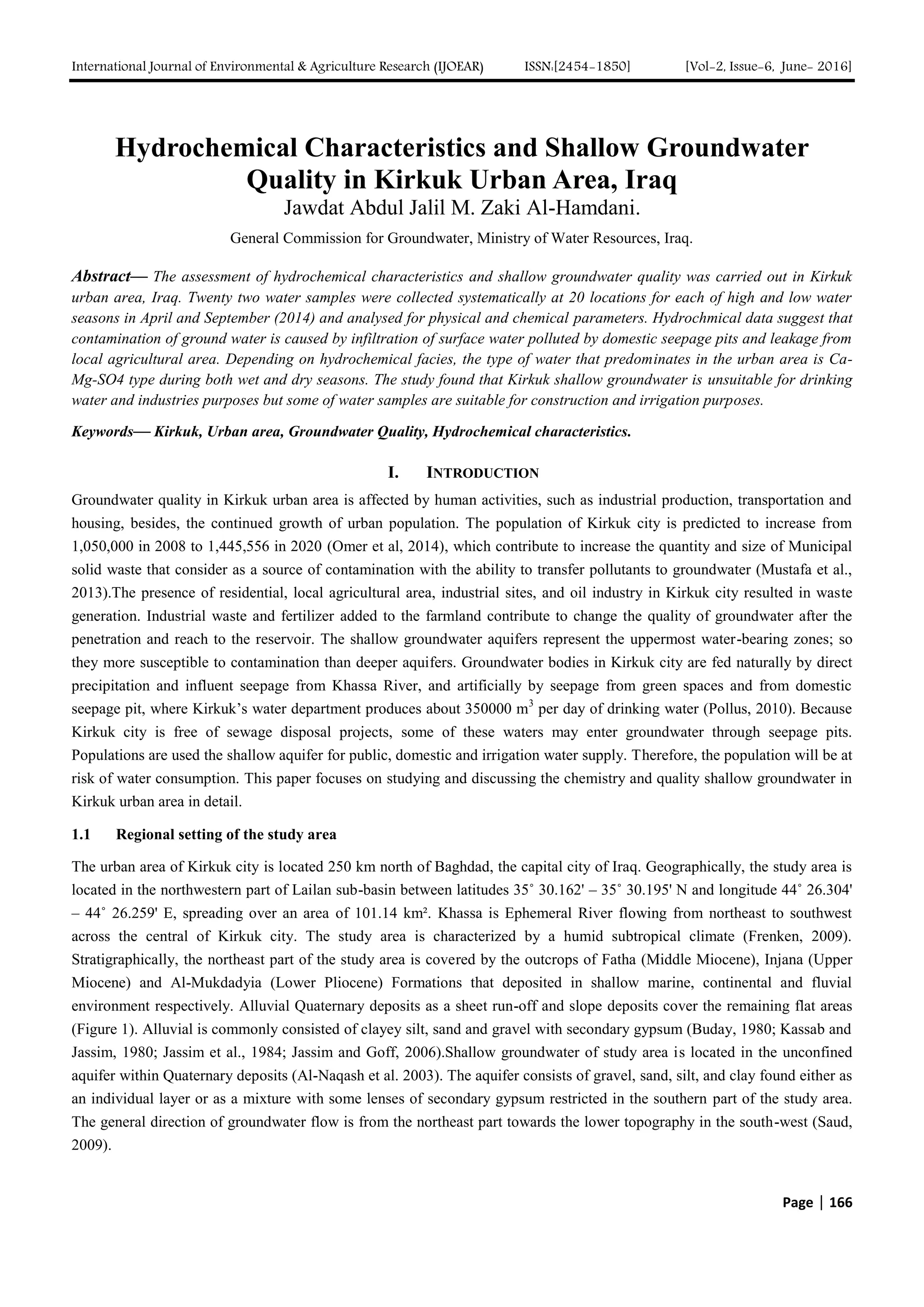 Hydrochemical Characteristics and Shallow Groundwater Quality in Kirkuk Urban Area, Iraq | PDF