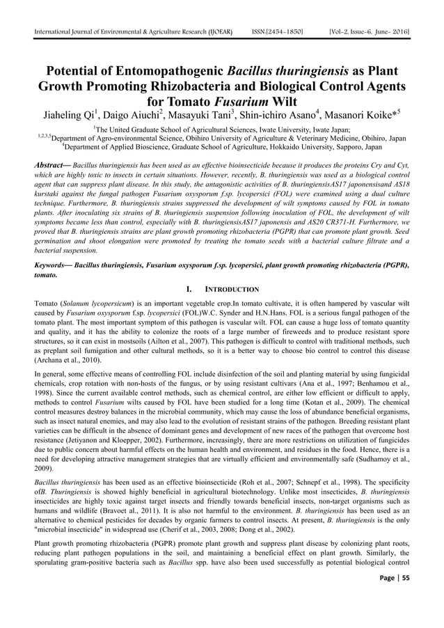 Potential of Entomopathogenic Bacillus thuringiensis as Plant Growth Promoting Rhizobacteria and ...