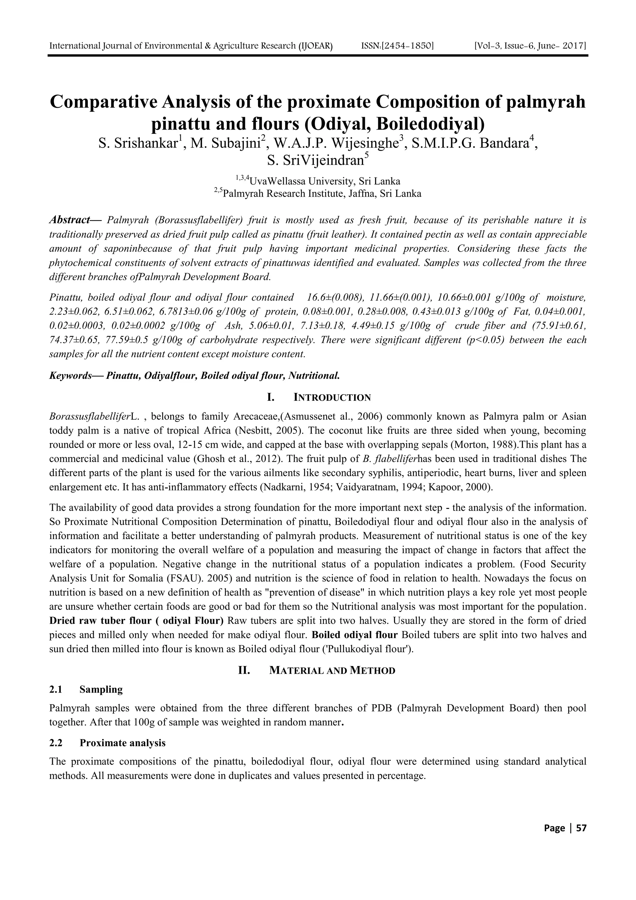 Comparative Analysis of the proximate Composition of palmyrah pinattu ...