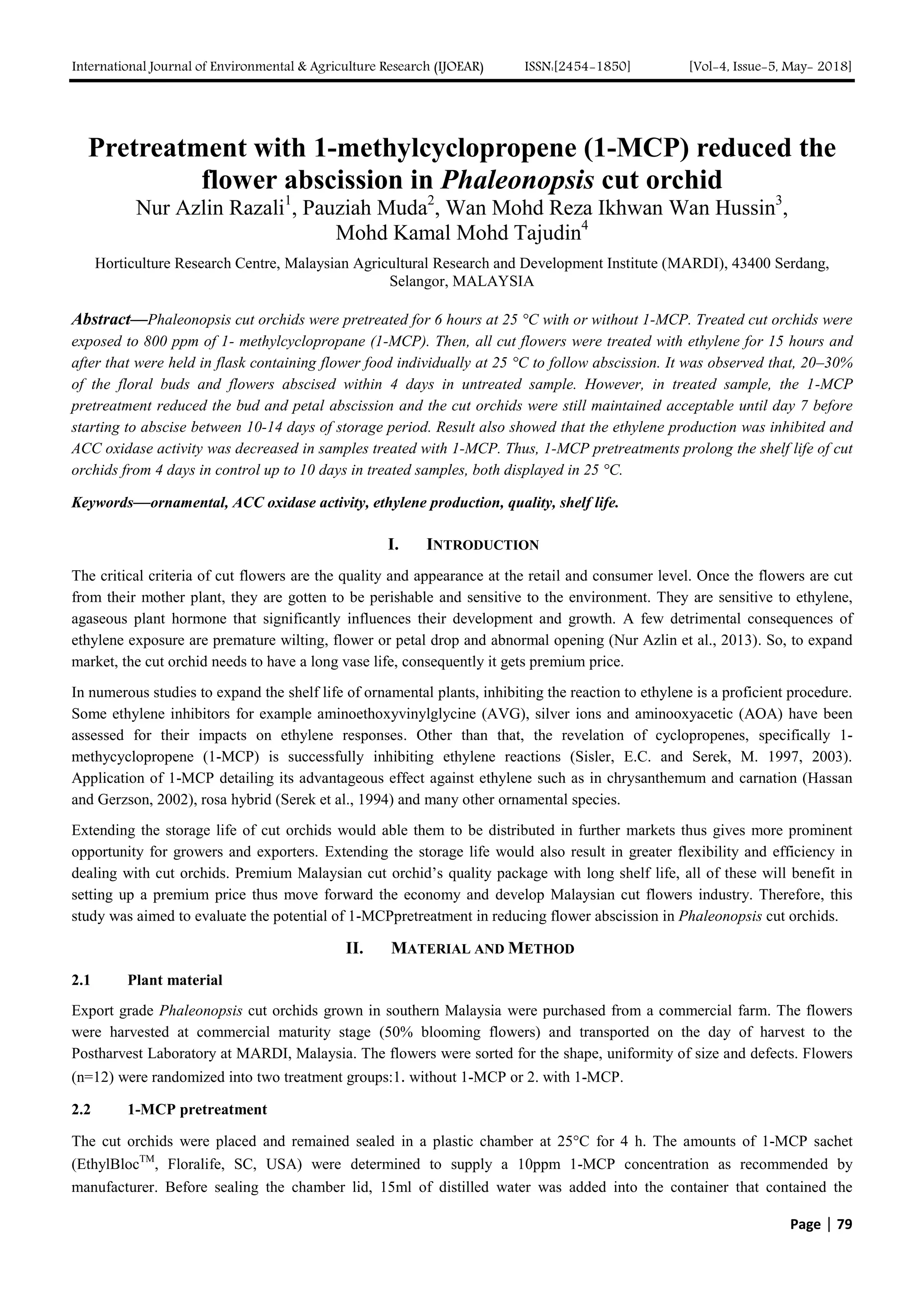 Pretreatment with 1-methylcyclopropene (1-MCP) reduced the flower abscission in Phaleonopsis cut ...