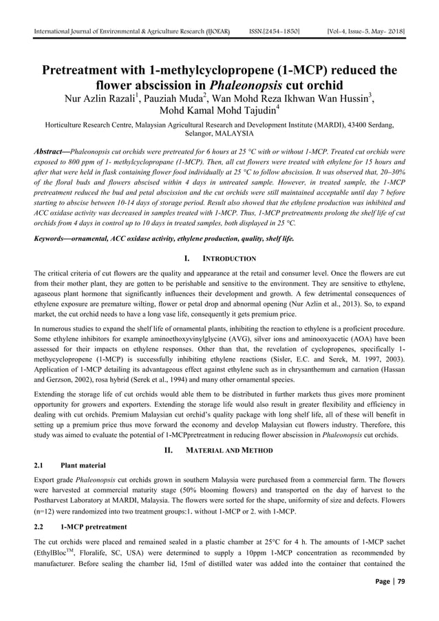 Pretreatment with 1-methylcyclopropene (1-MCP) reduced the flower abscission in Phaleonopsis cut ...