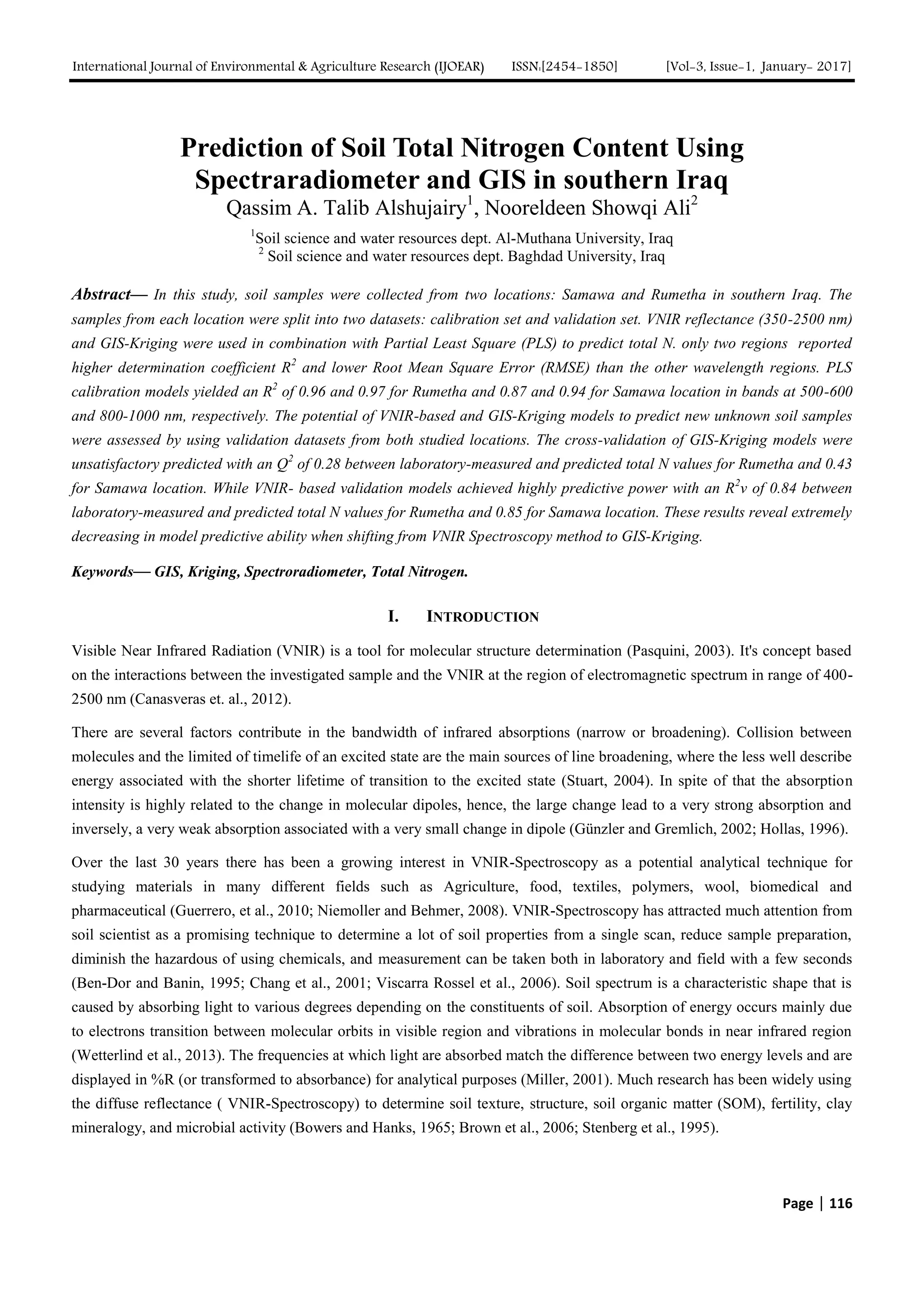 Prediction of Soil Total Nitrogen Content Using Spectraradiometer and GIS in southern Iraq | PDF