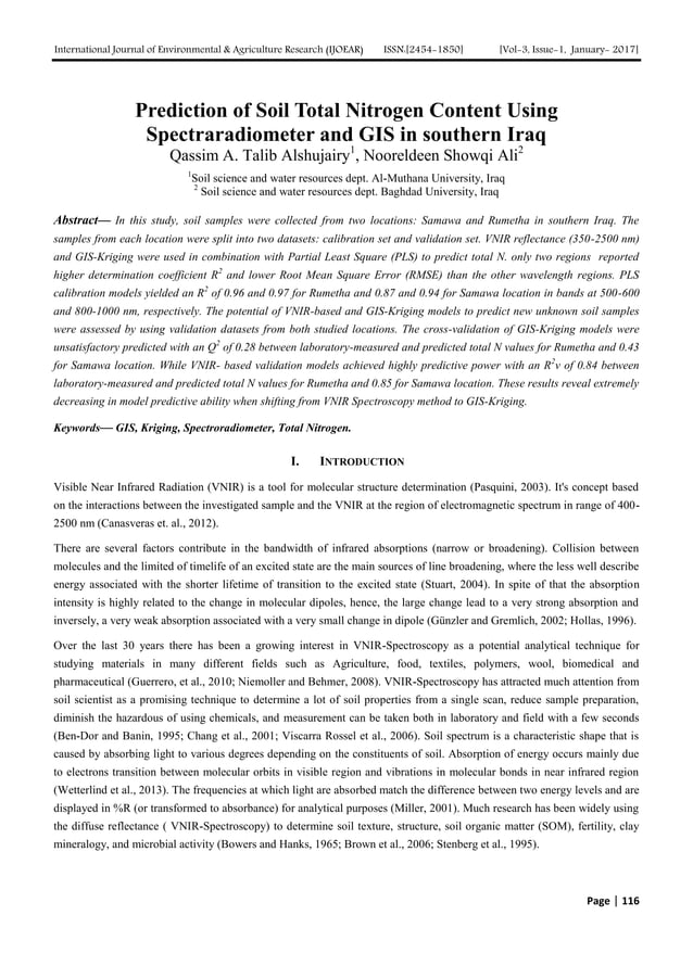 Prediction of Soil Total Nitrogen Content Using Spectraradiometer and GIS in southern Iraq | PDF