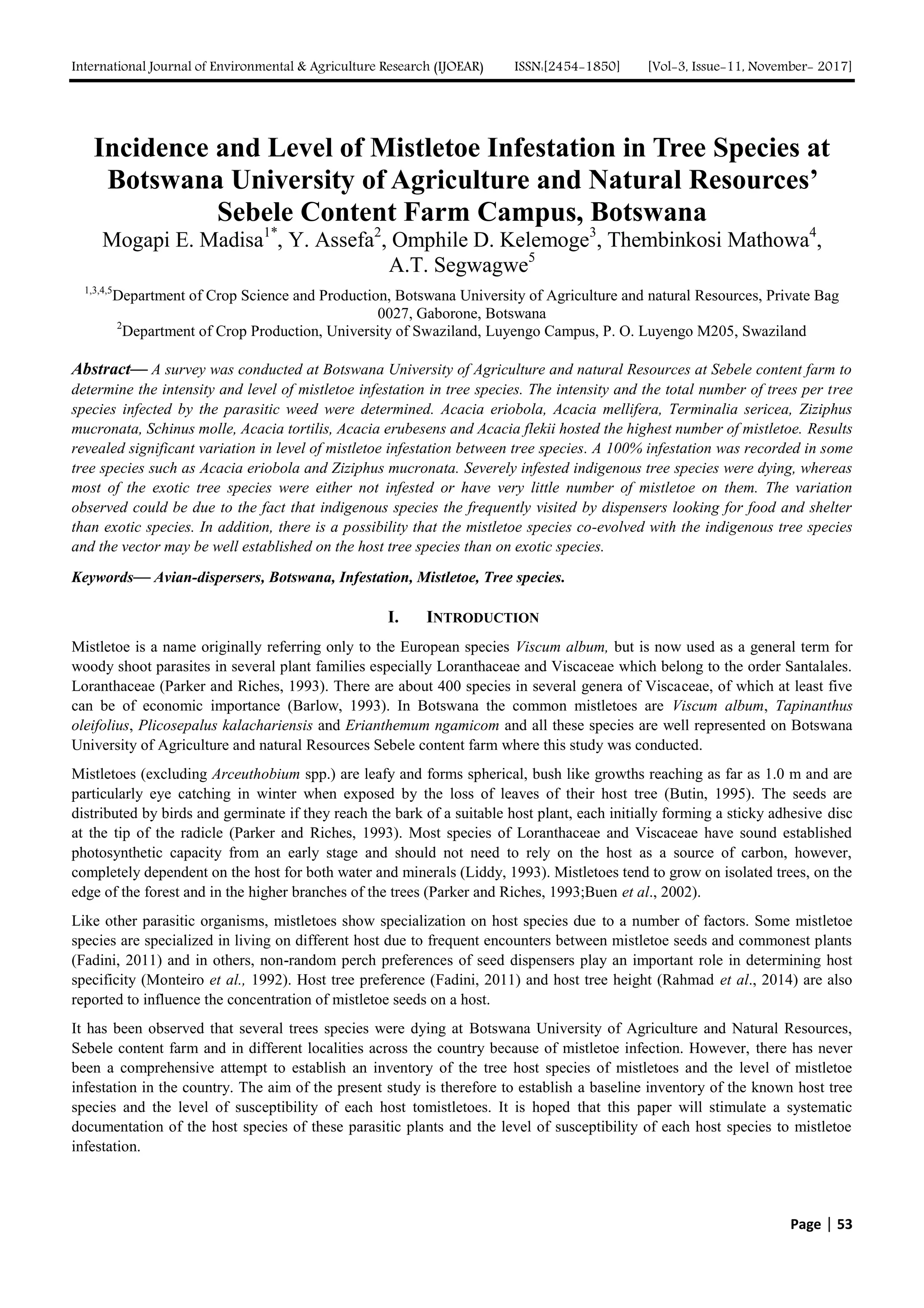 Incidence and Level of Mistletoe Infestation in Tree Species at Botswana University of ...