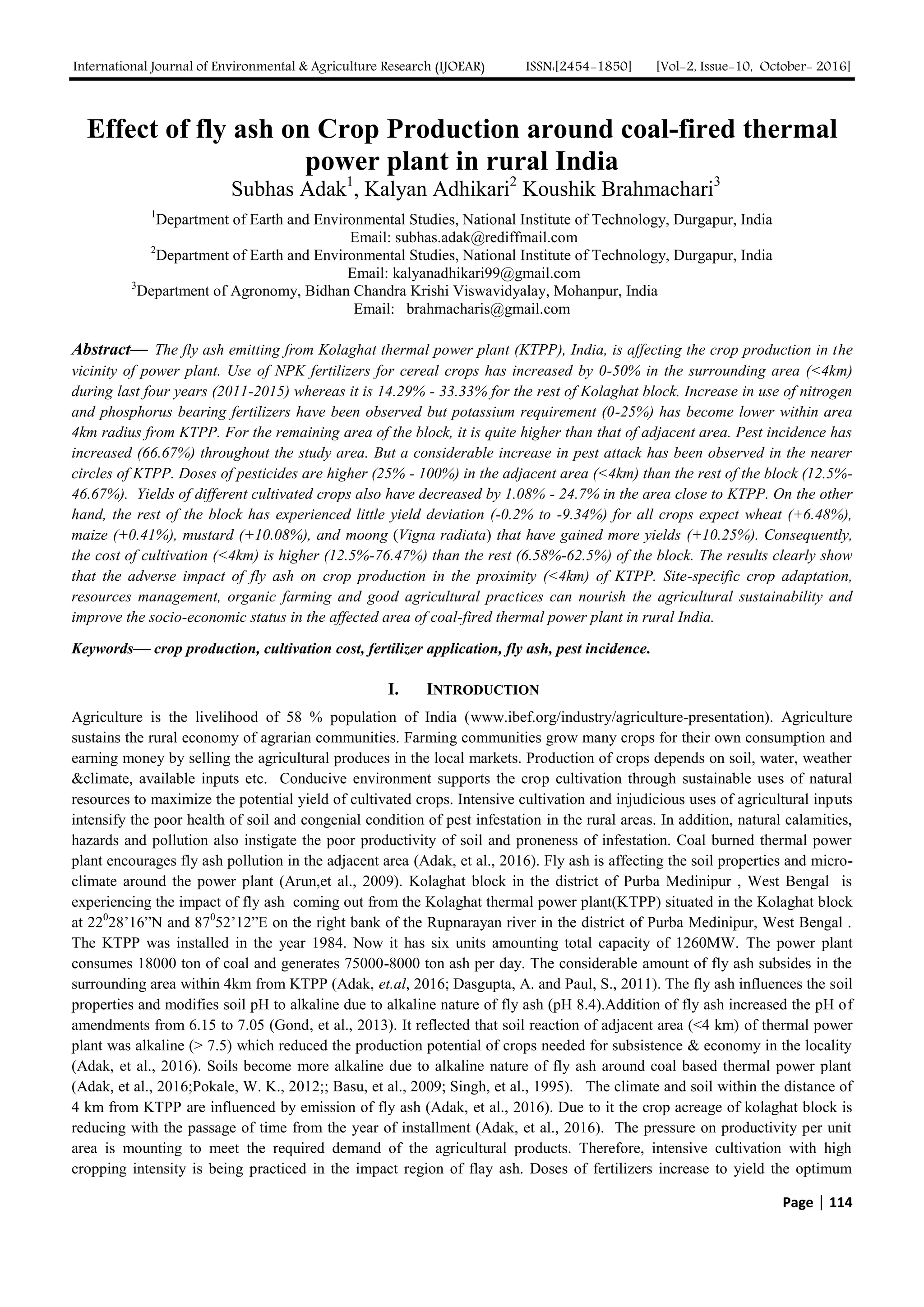 Effect of fly ash on Crop Production around coal-fired thermal power plant in rural India | PDF