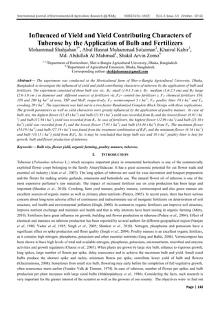 Influenced of Yield and Yield Contributing Characters of Tuberose by the Application of Bulb and ...